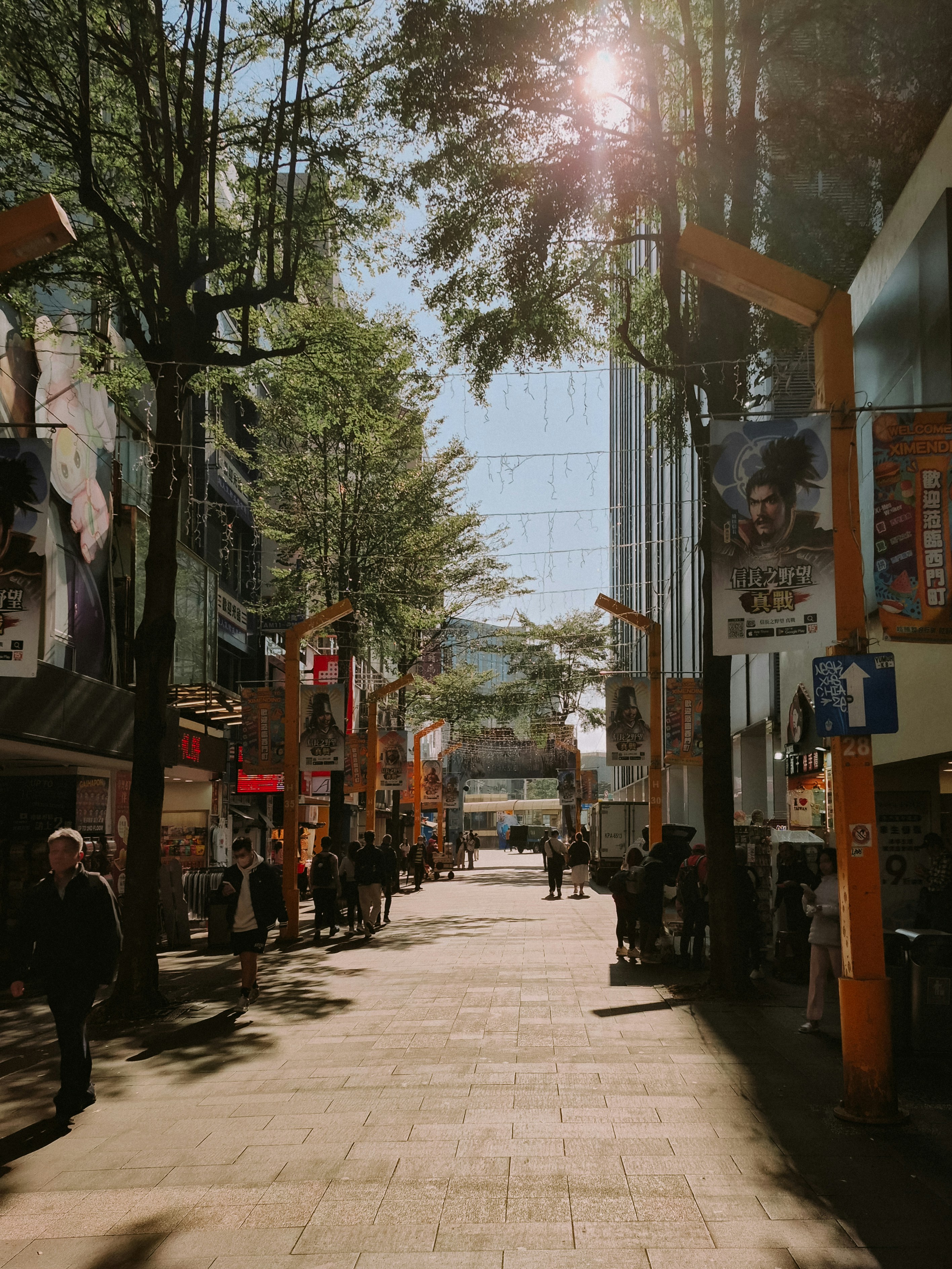 Sunlight streams down a bustling city street lined with trees.