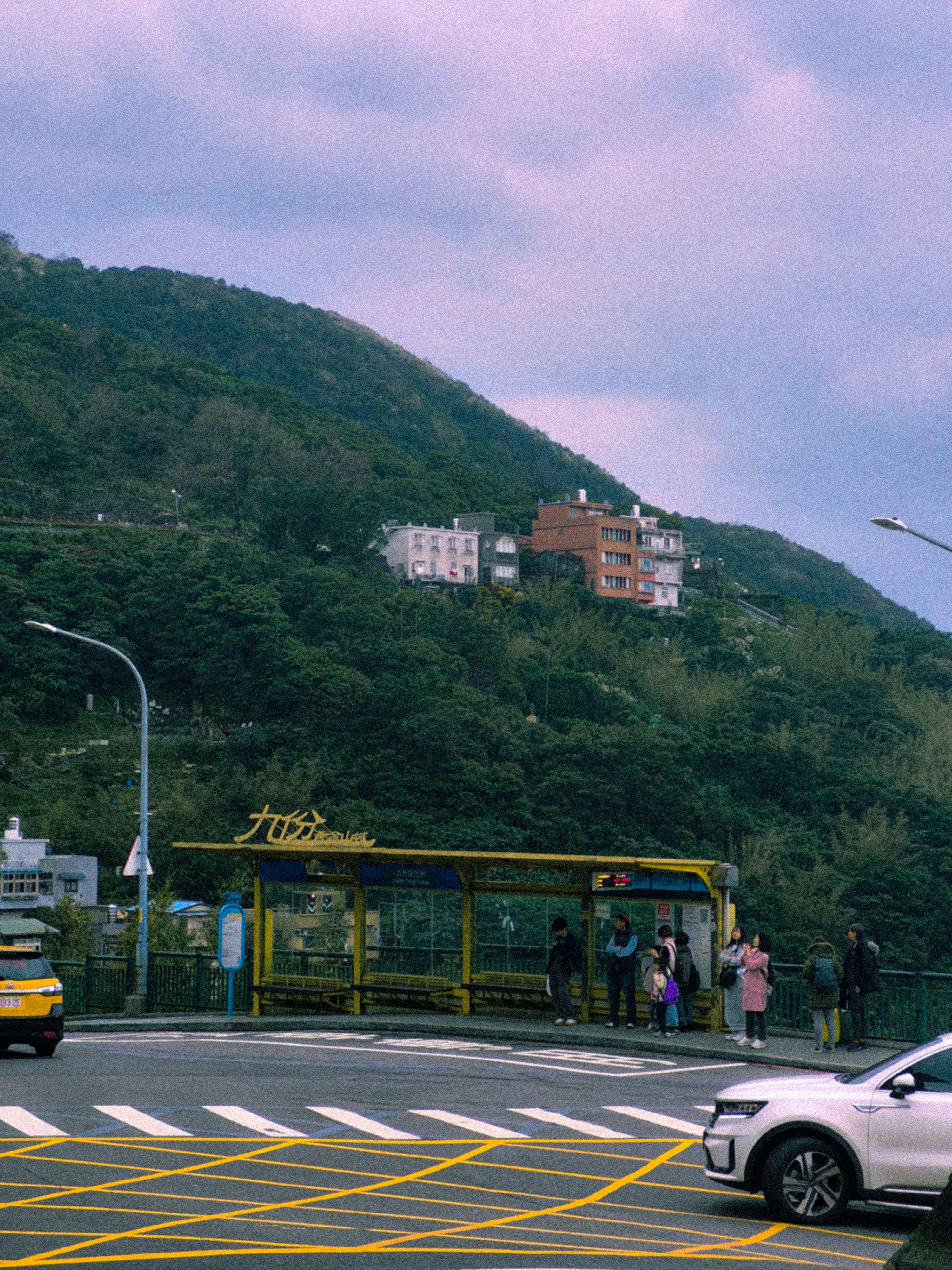 Hilltop Bus Stop Amid Rolling Green: Street Scene at Dusk