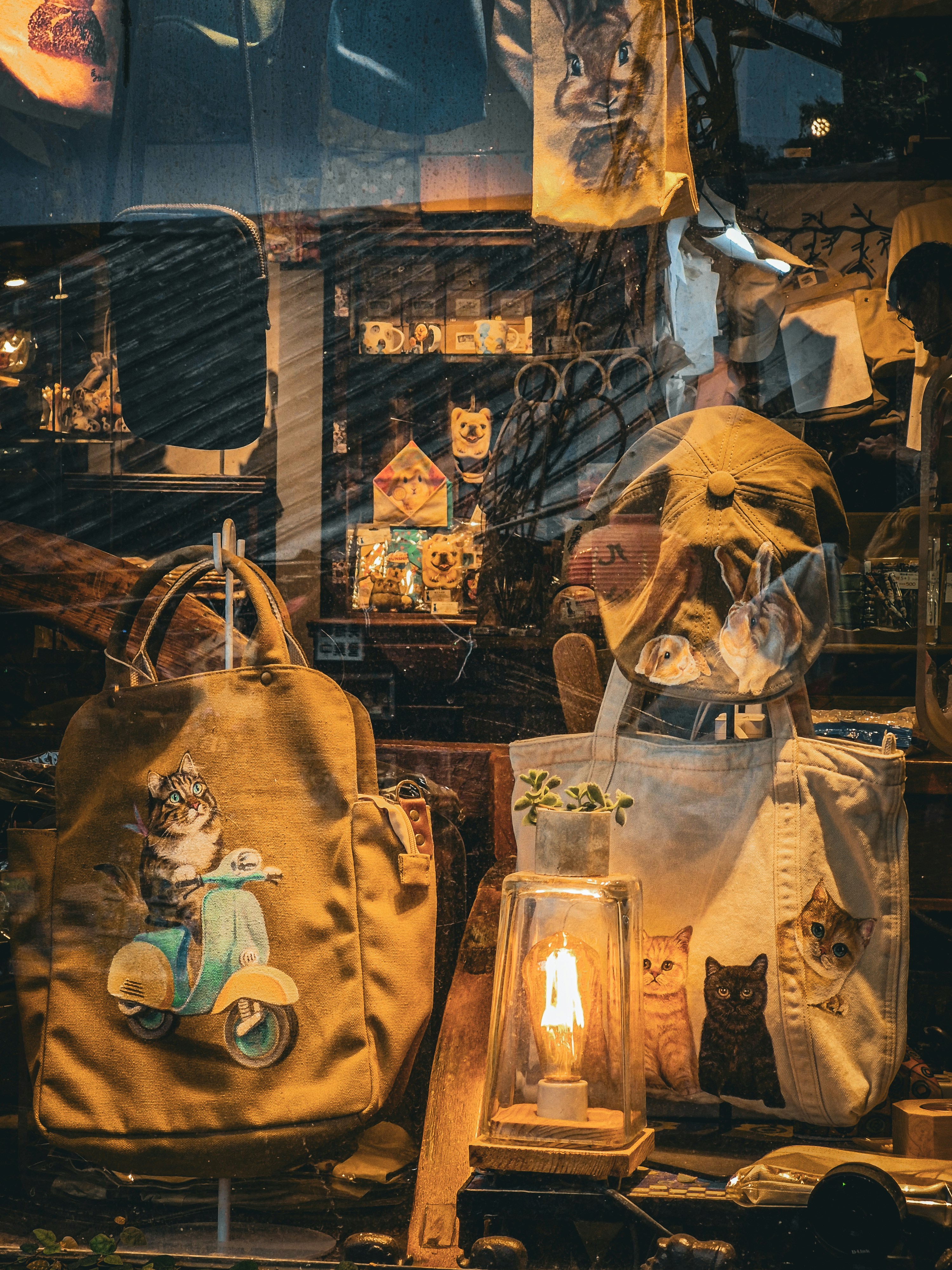 Shop Window Glow: Cat Totems and Cozy Lanterns in a Night Scene