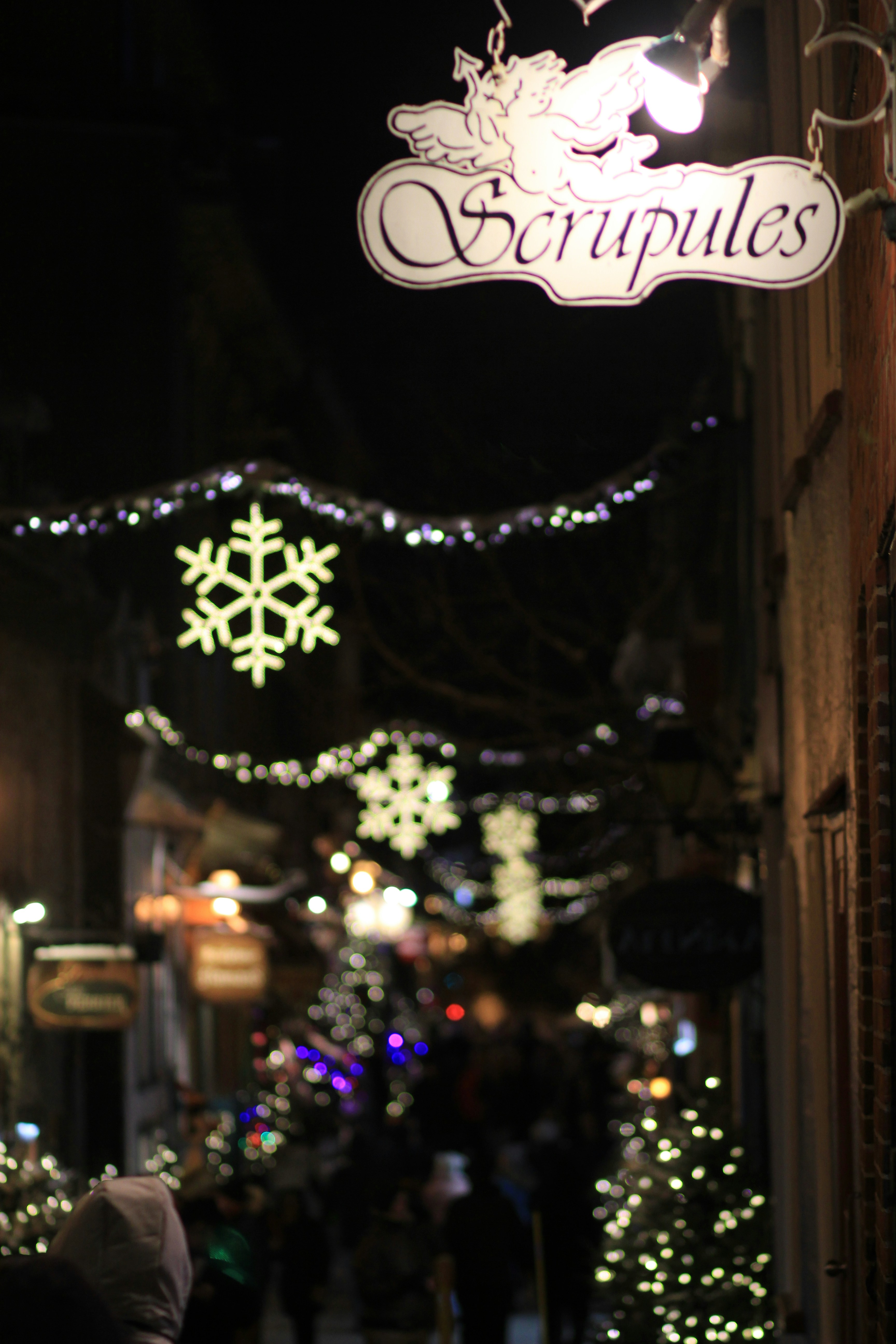 Holiday Lane: A Glimmering Street Sign Amid Winter Lights