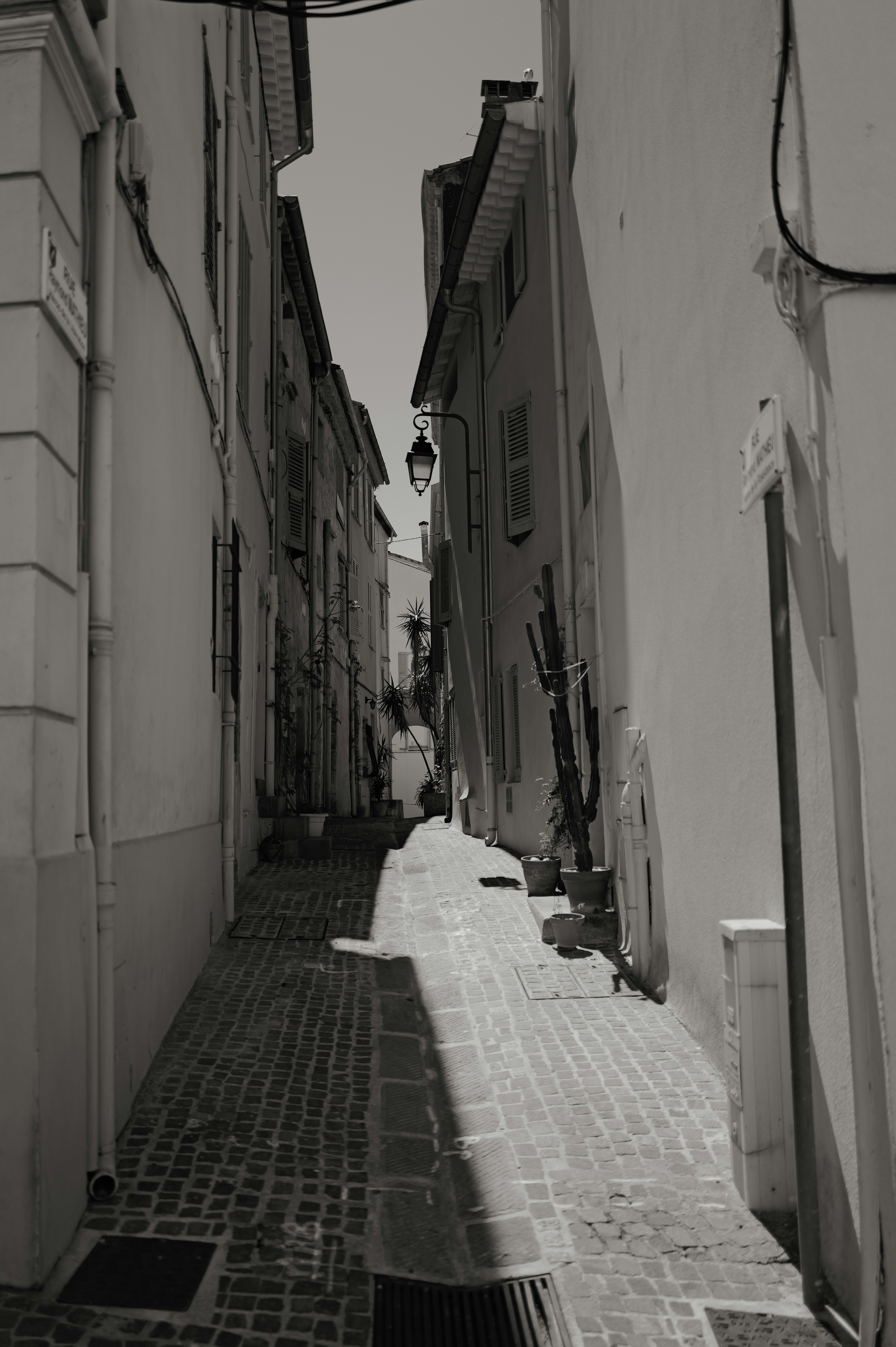 Narrow Street in Monochrome: Light Strikes the Cobblestones