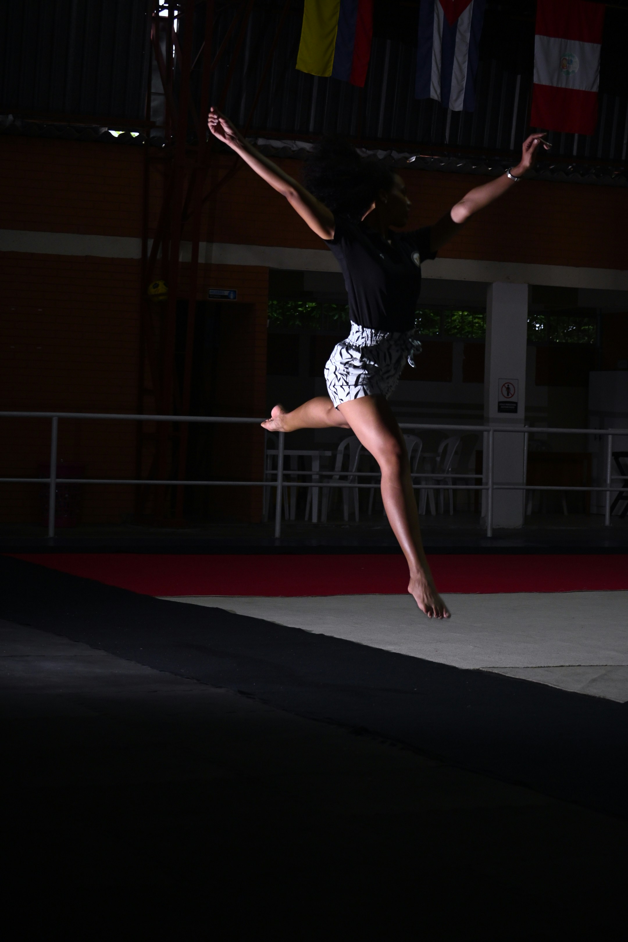 Leap in the Spotlight: A gymnast suspended mid-air with arms extended
