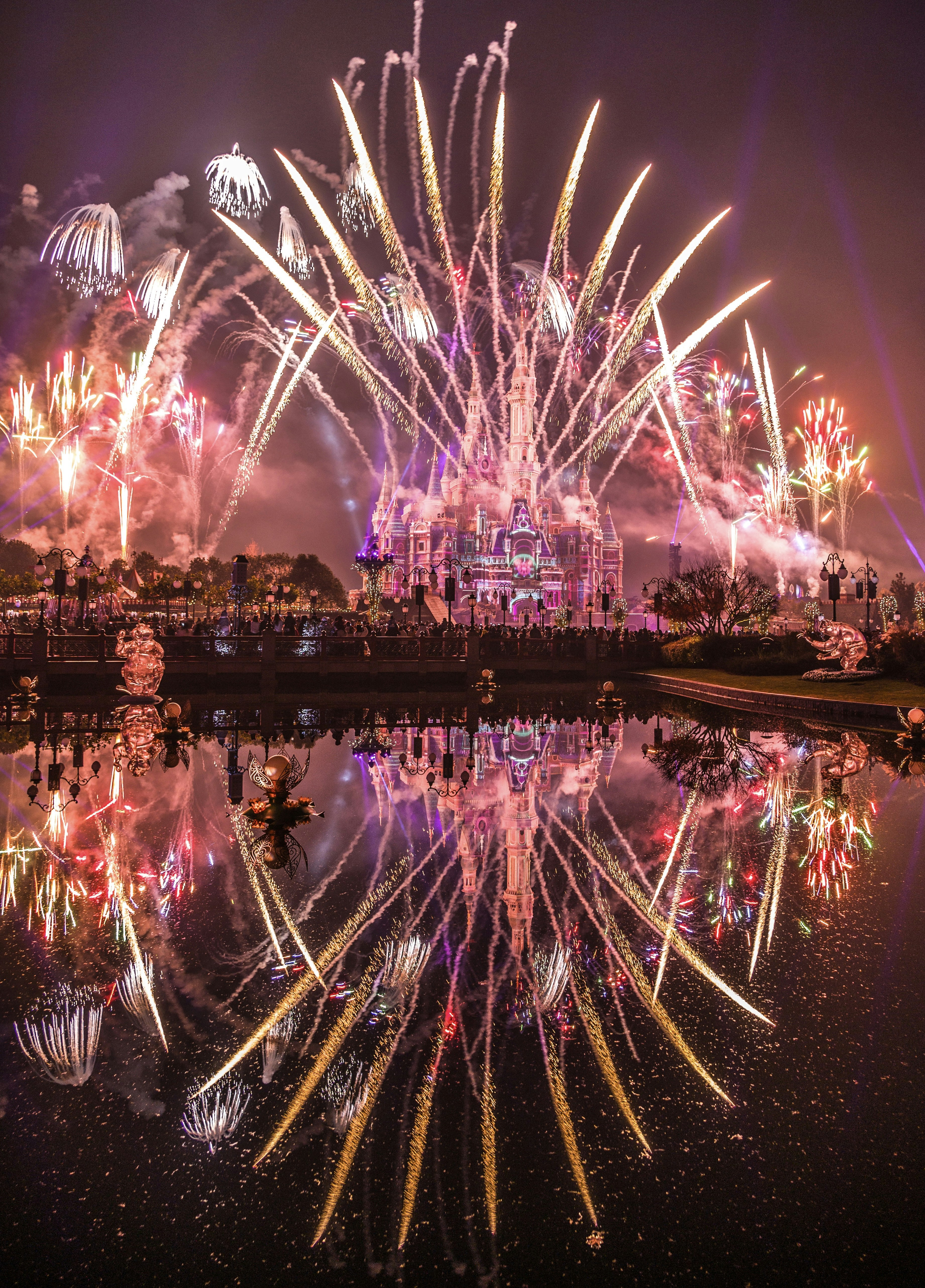 Fireworks Over a Moonlit Castle: Reflections in a Water Mirror