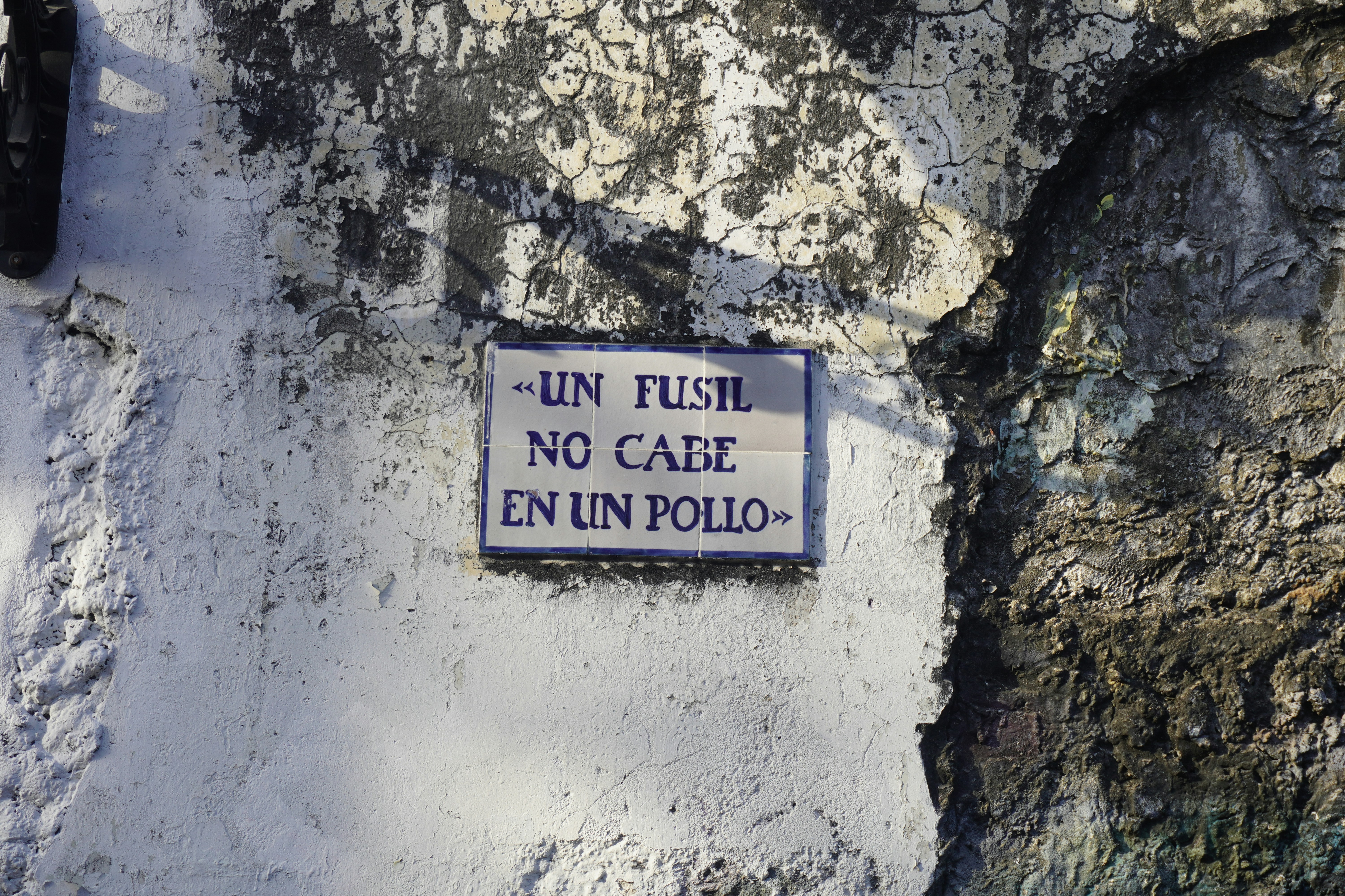 Sign on a Weathered Wall: A Message in Blue Letters