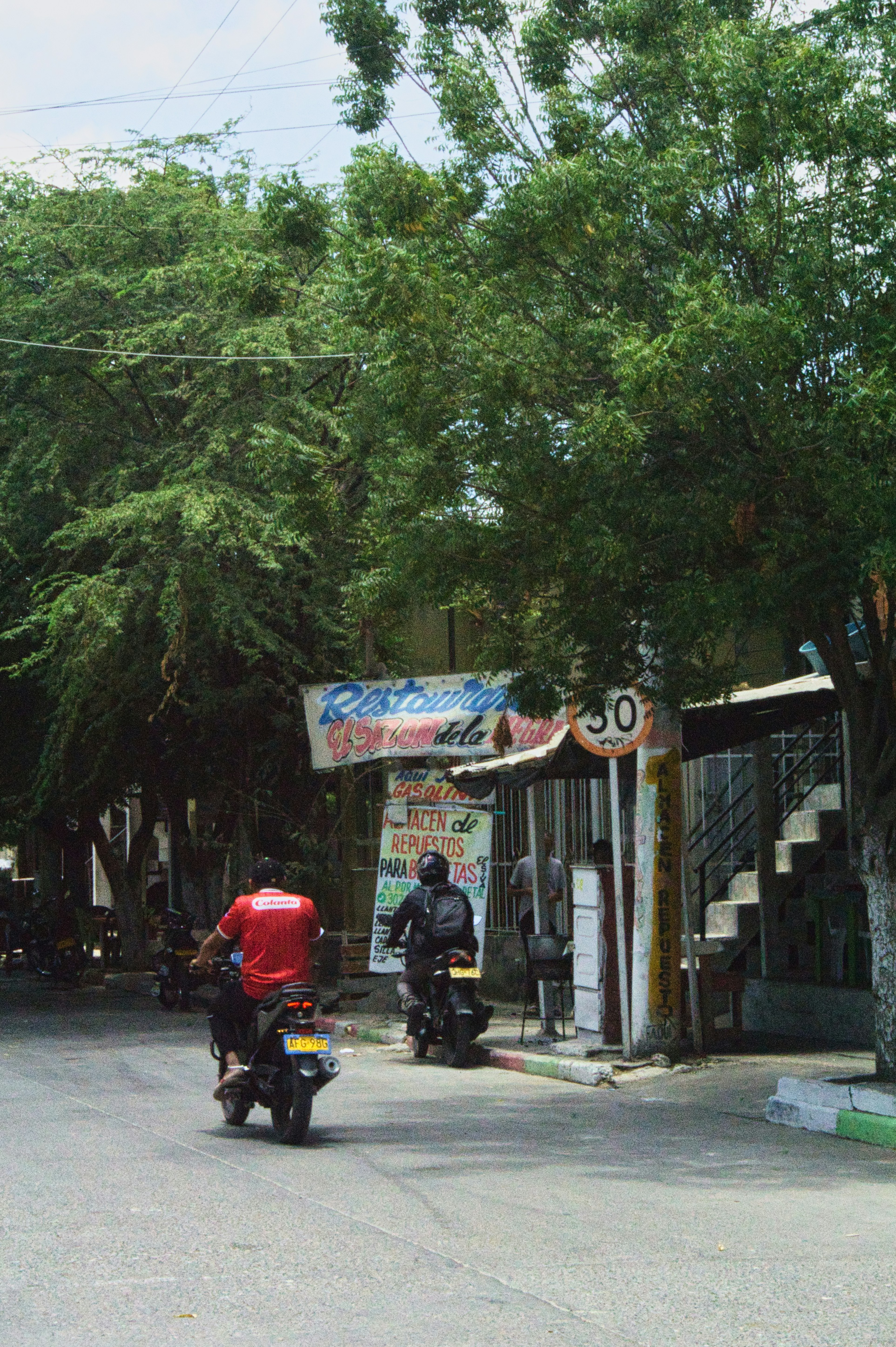Motorbikes and street storefronts under a leafy canopy