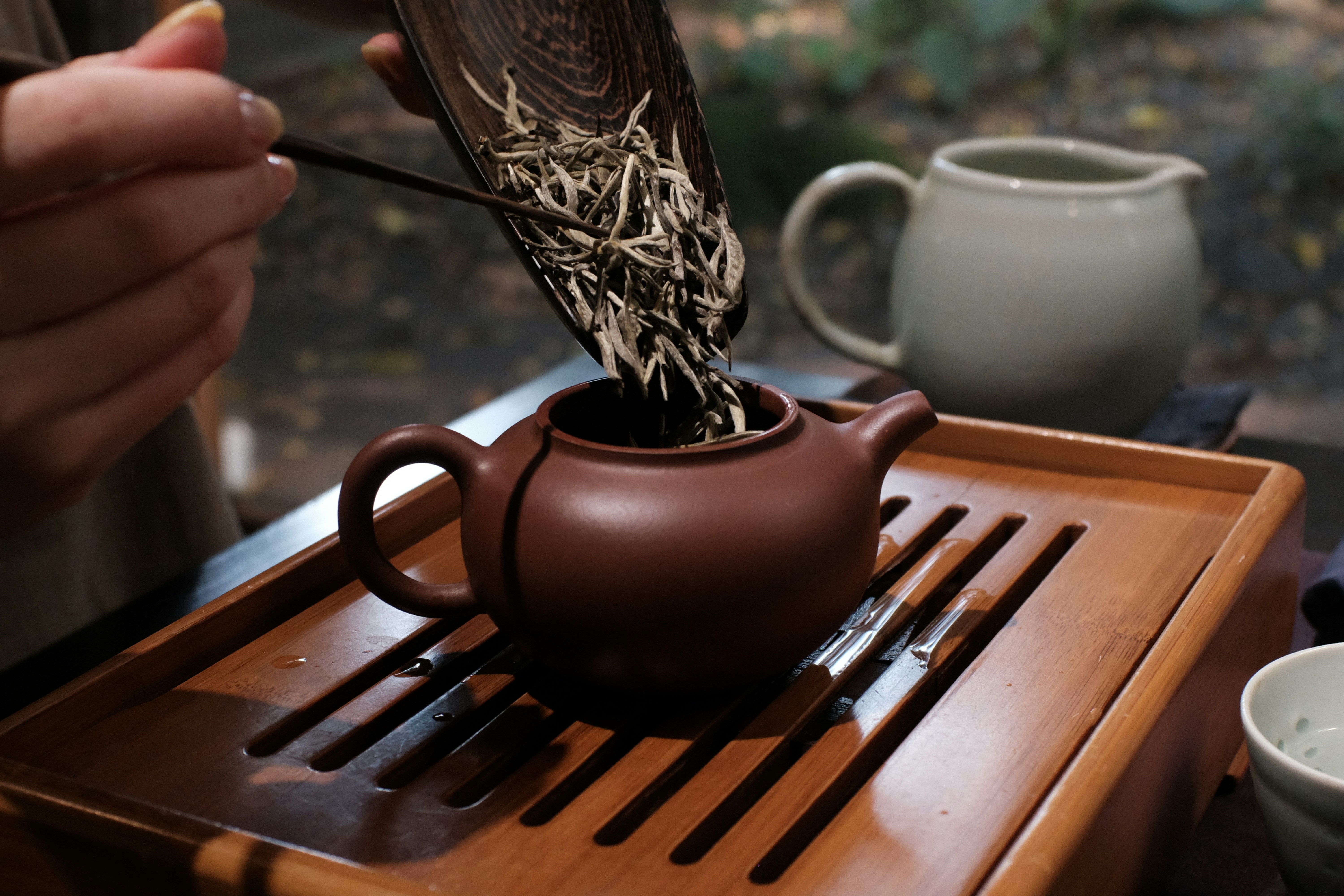 Herbal Brew: Tea Leaves Unfold Over a Traditional Teapot