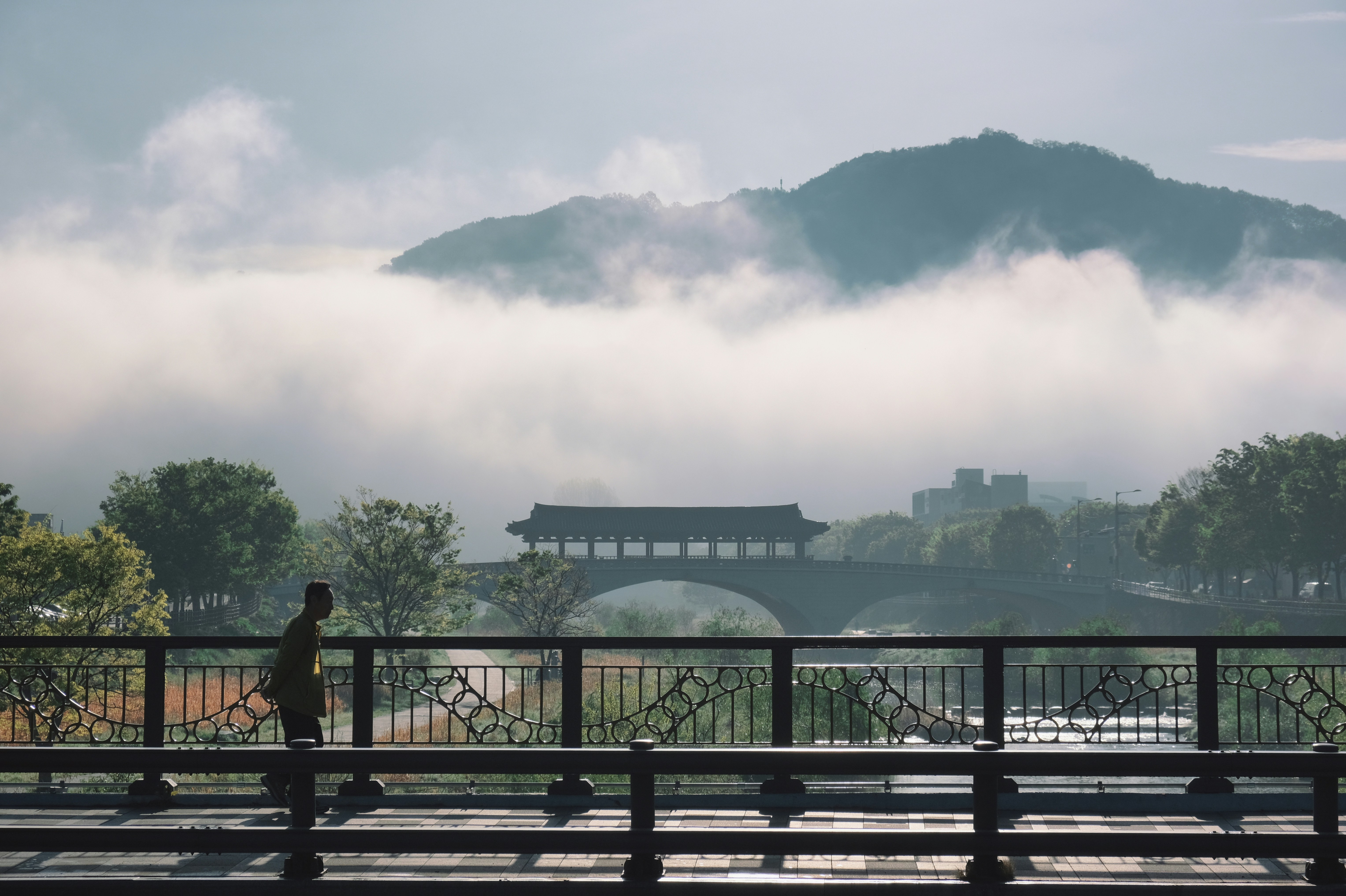 Lonely Walker on a Misty Riverside Bridge