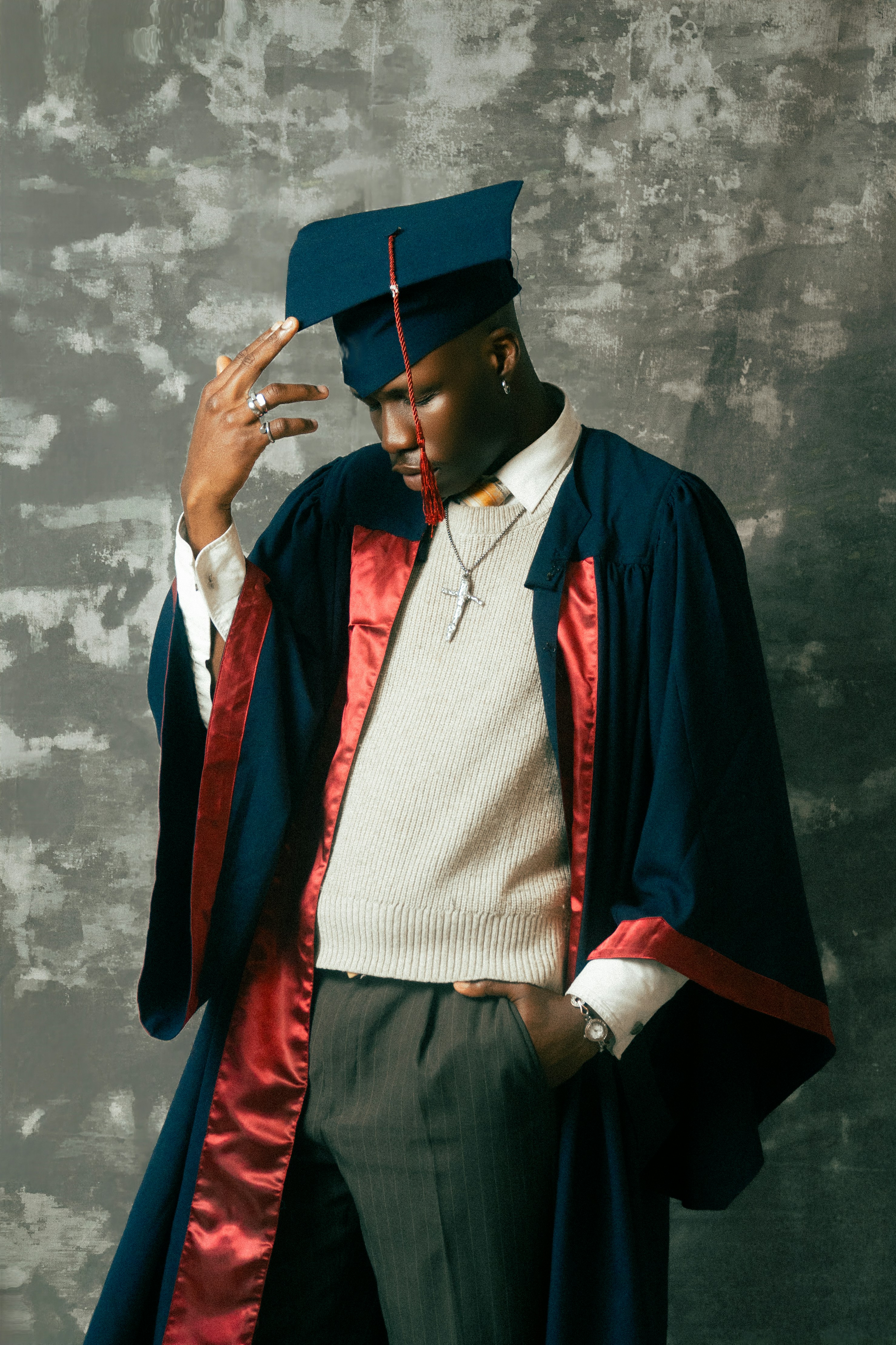 Midway Moment: A Confident Graduate in Velvet Blues