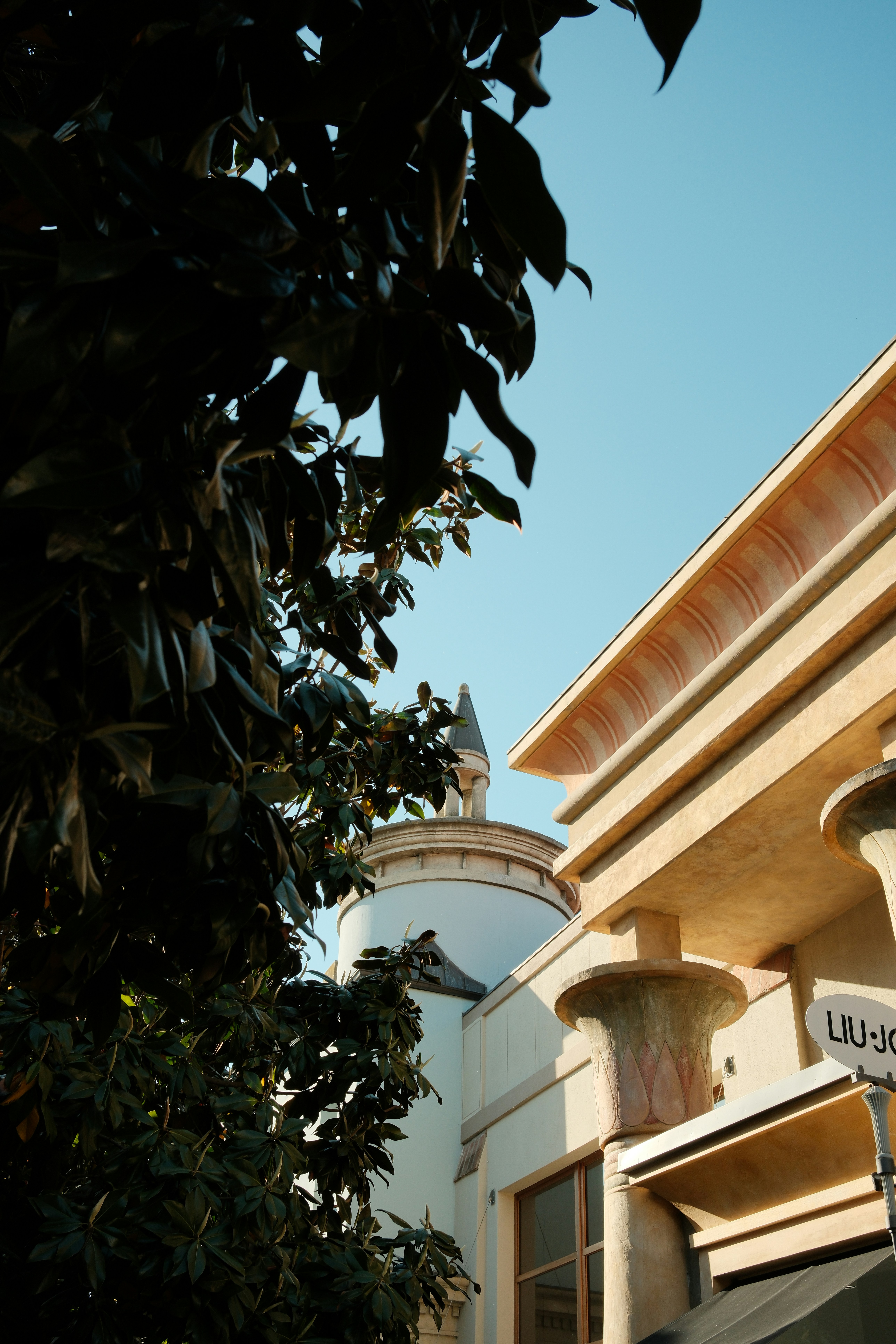 Architectural Corners and Green Veil Against a Clear Sky