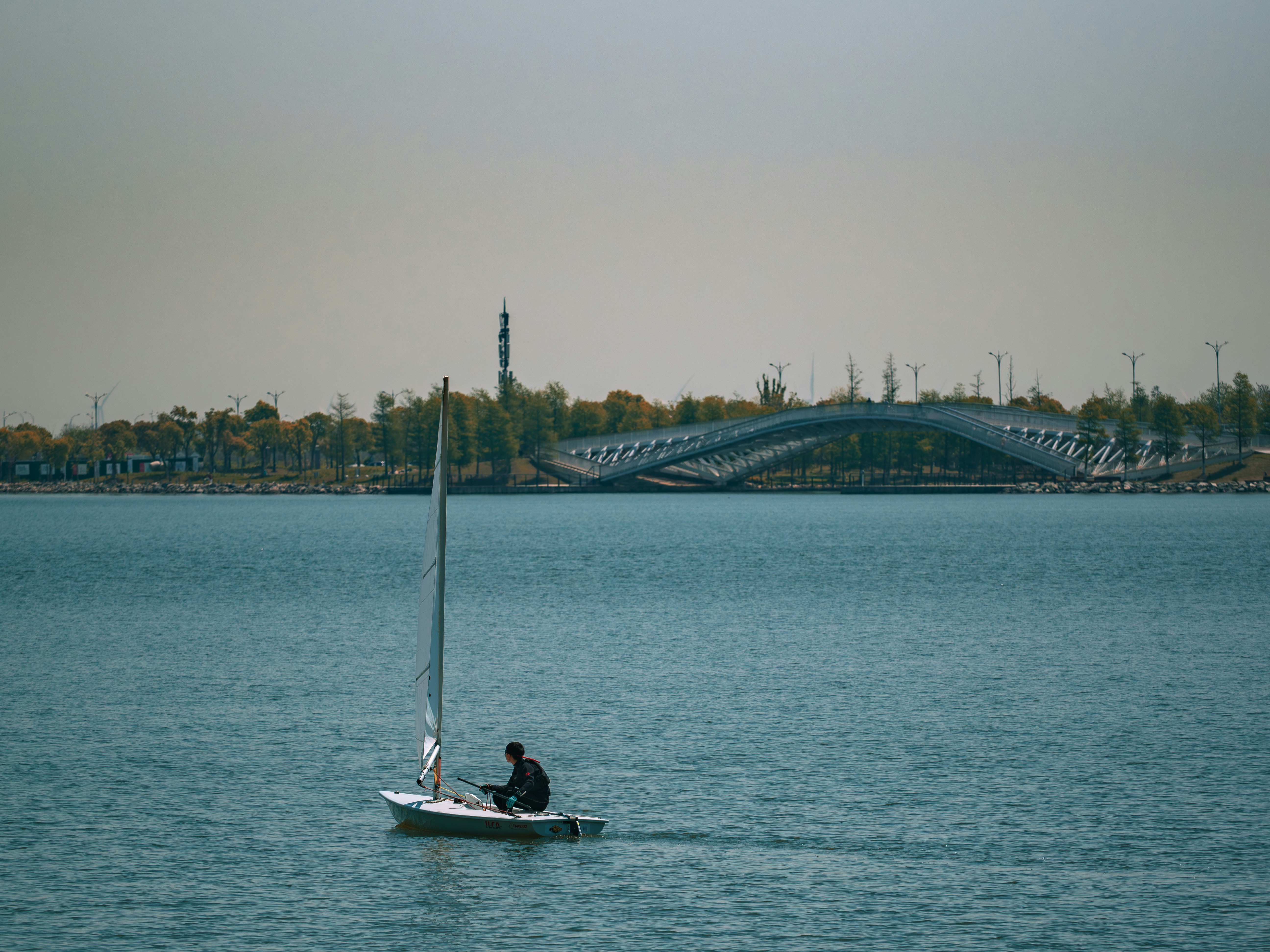 Floating Solitude: A lone sailboat on a calm harbor beneath a distant bridge