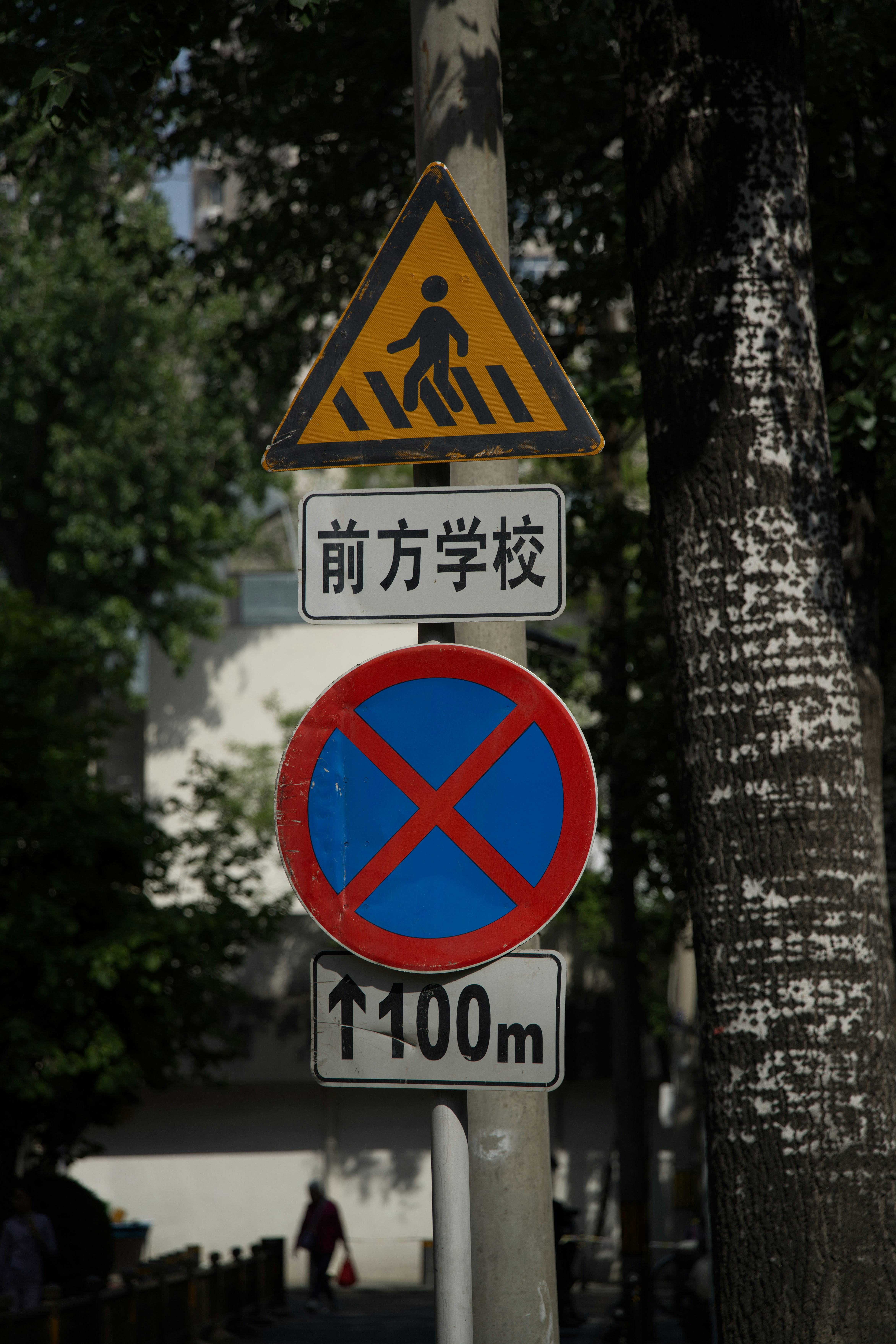 Warning Signs on a City Street: A Pedestrian Crossing Ahead