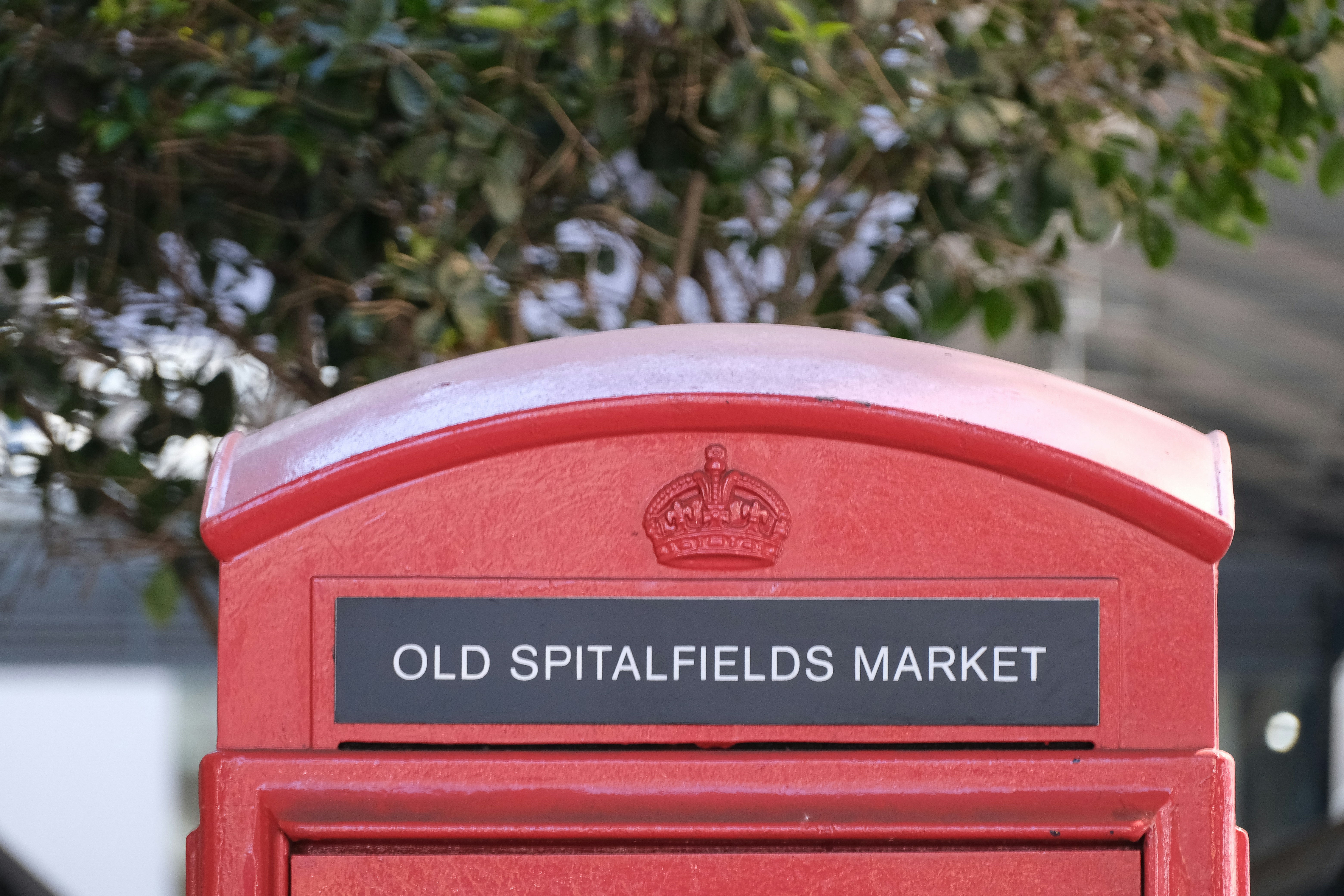 Red Postbox in Front of a Green Street Backdrop