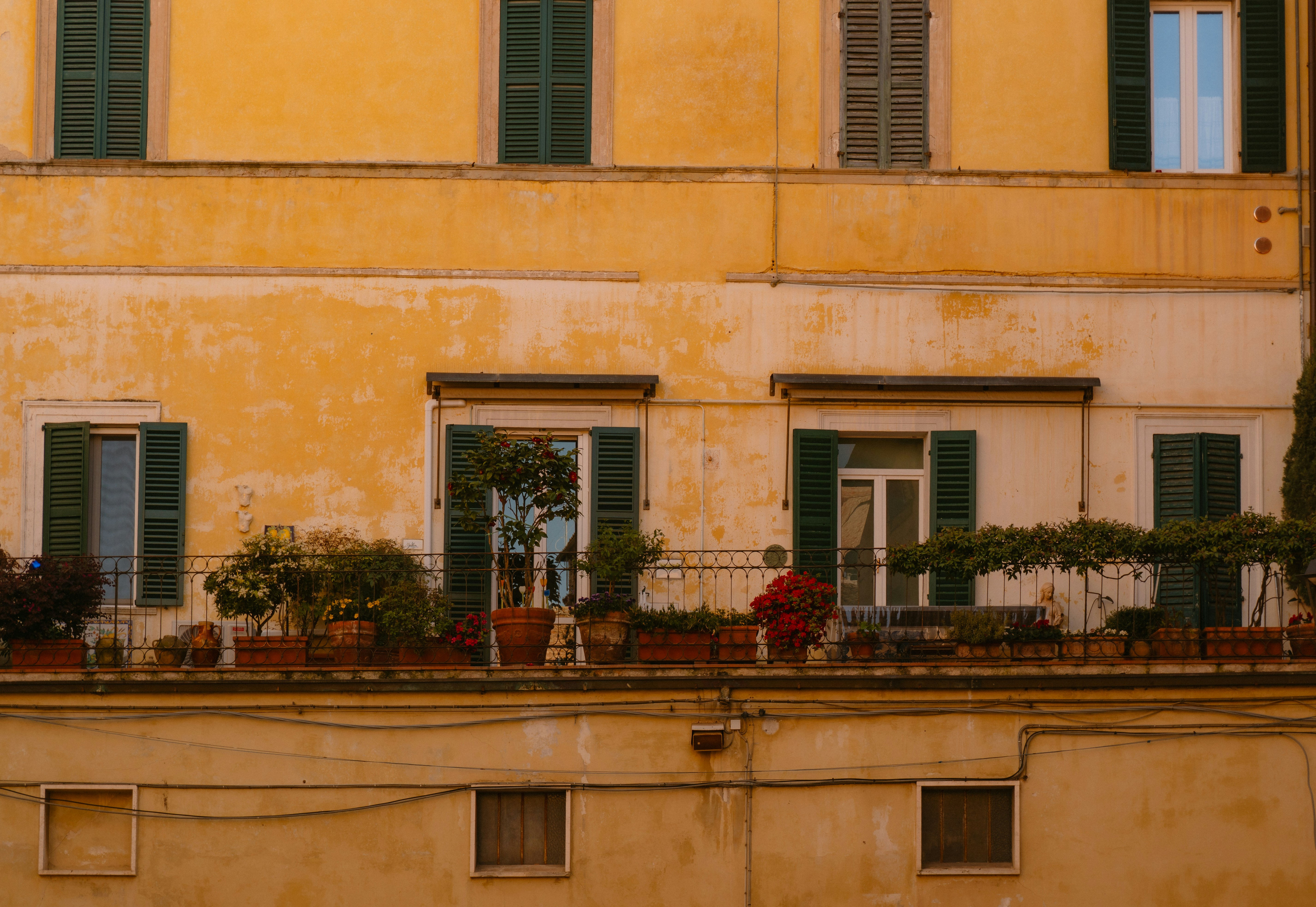 Terracotta Facade with Potted Greens on a Warm Terrace