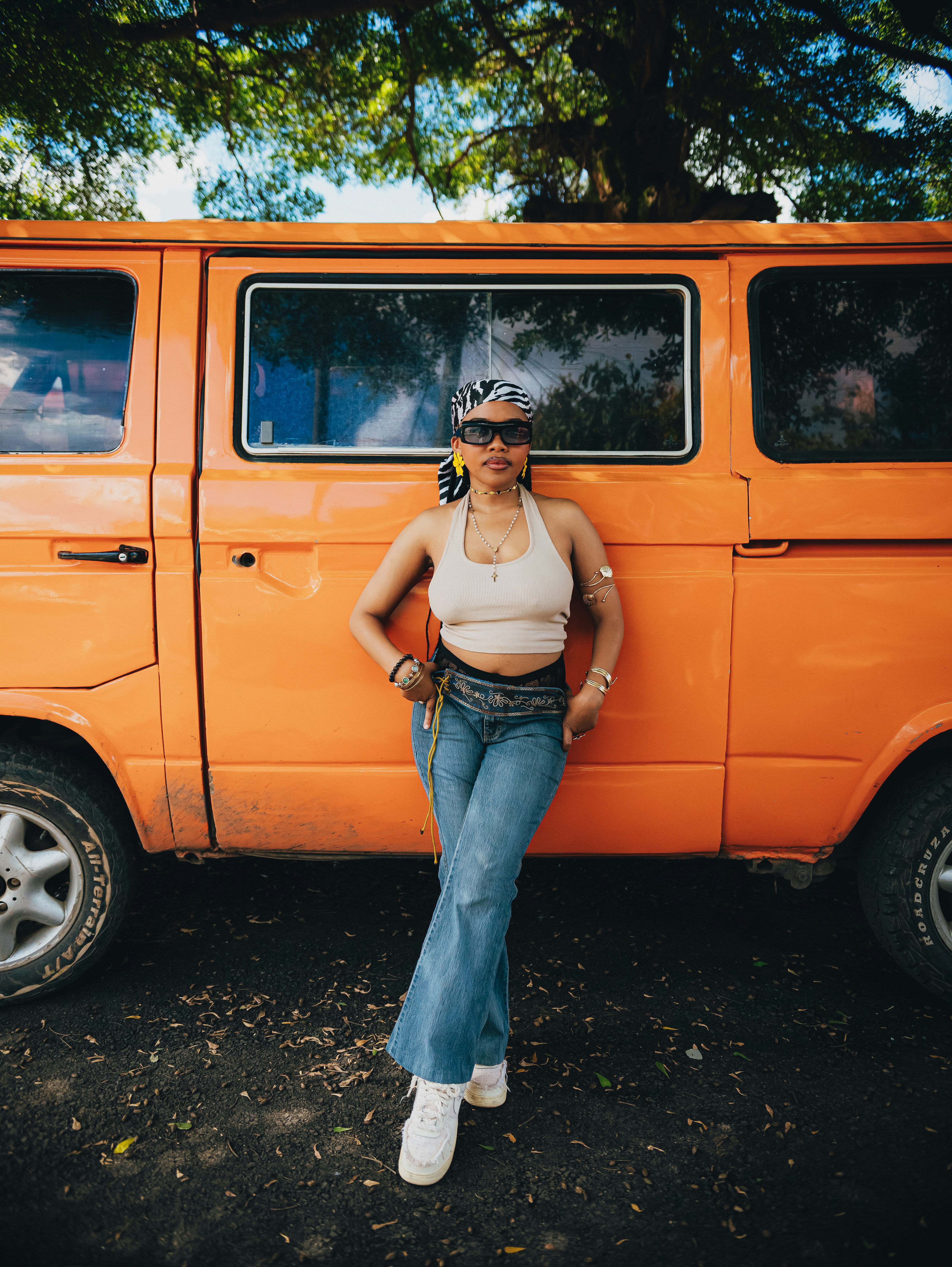 Radiant Confidence in Front of the Orange Van