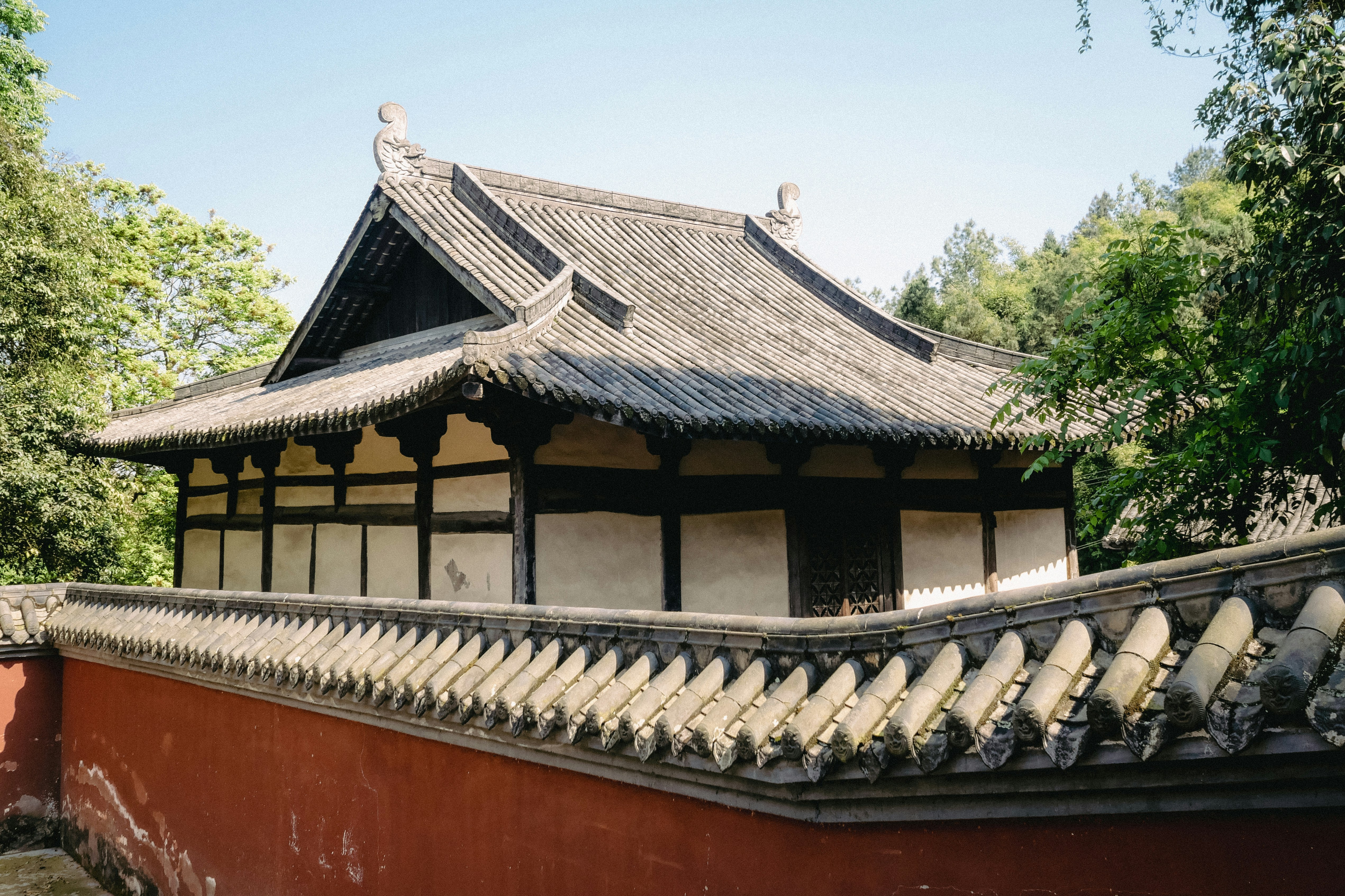 Rooflines and Red Wall: A Tranquil Temple Visage