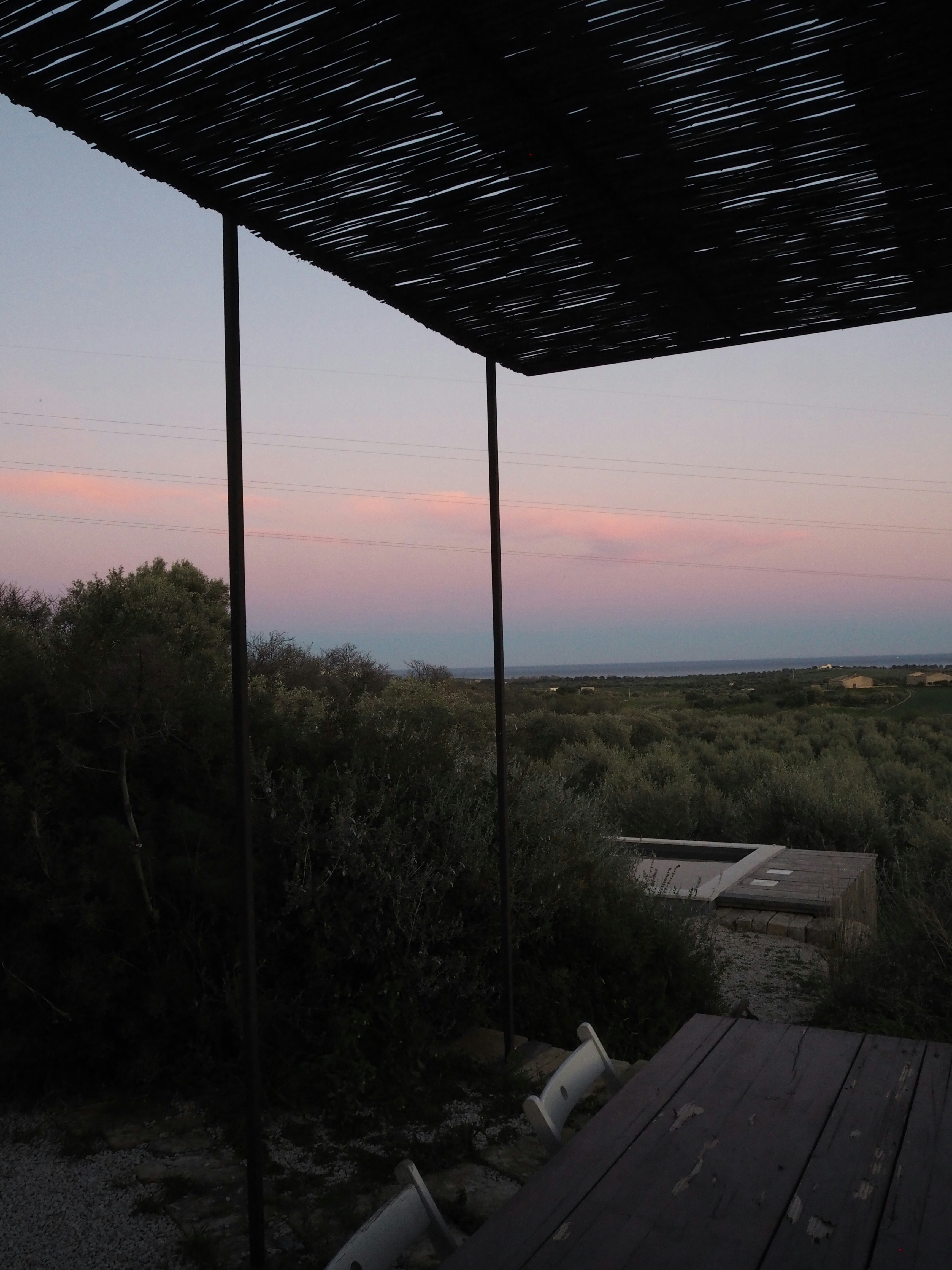 Dusk Over Olive Groves from a Shaded Terrace