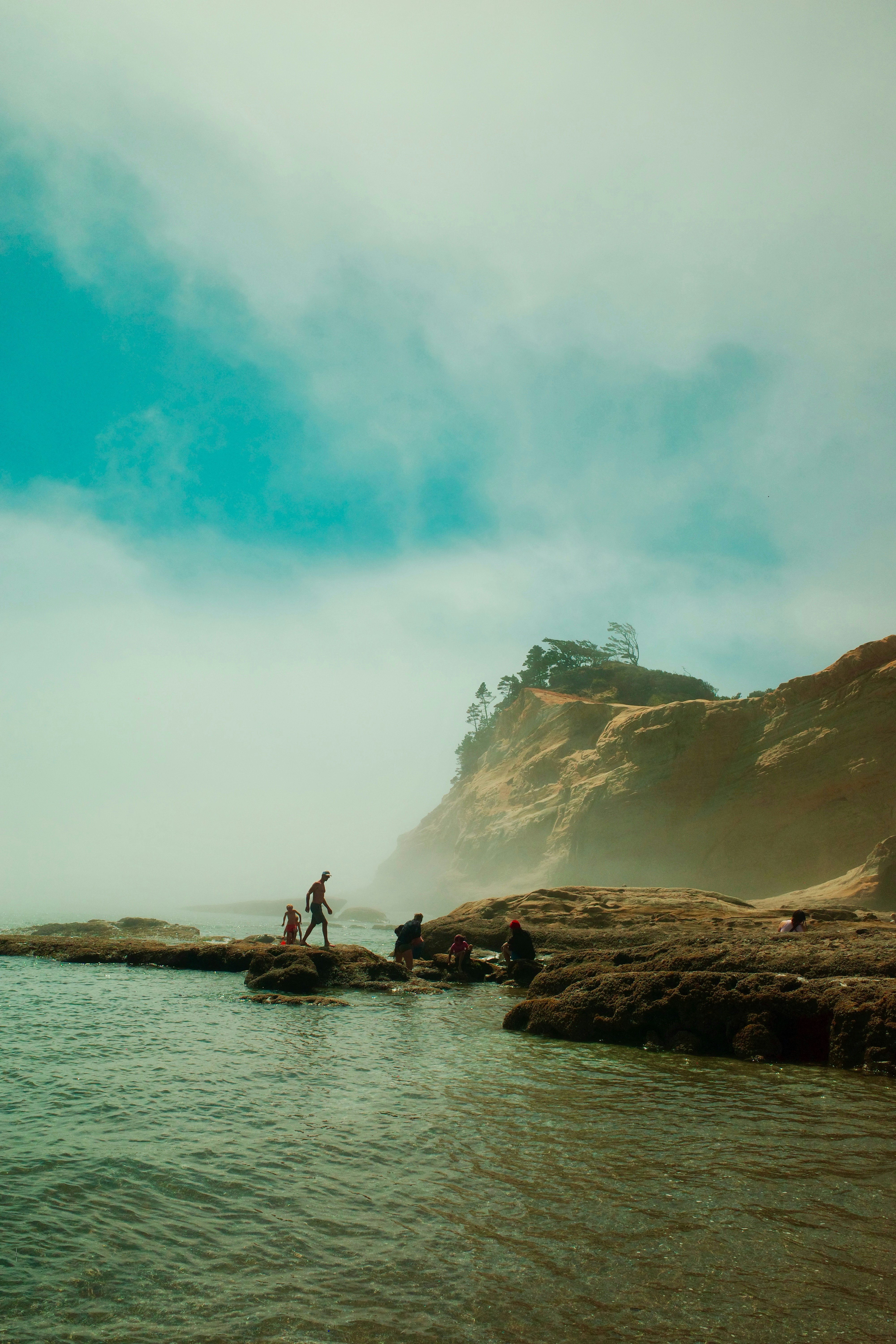 Cliffside Silhouettes: Figures at the Edge of Mist and Sea