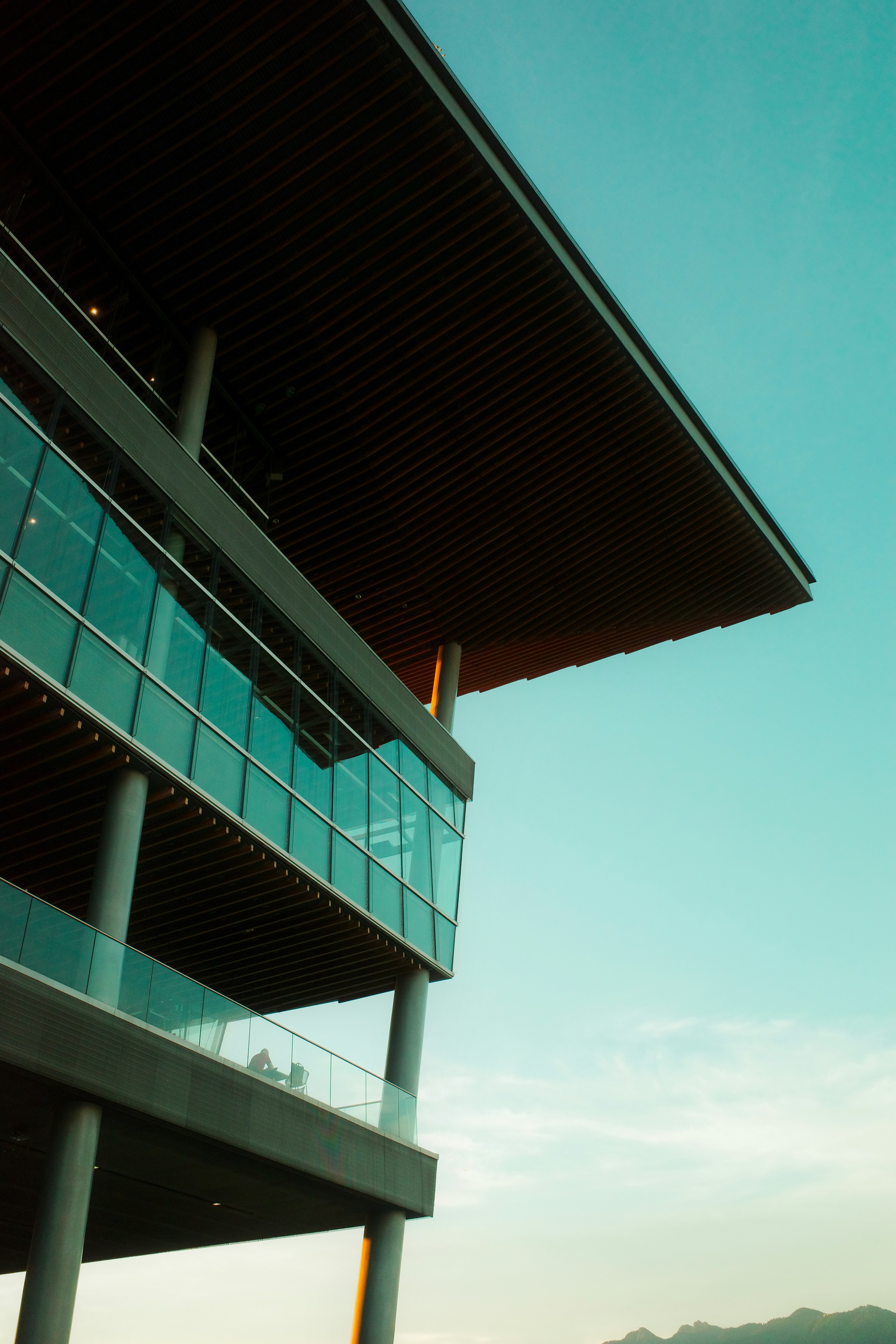 Architectural Edge: Glass Facade Tones Against A Clear Sky