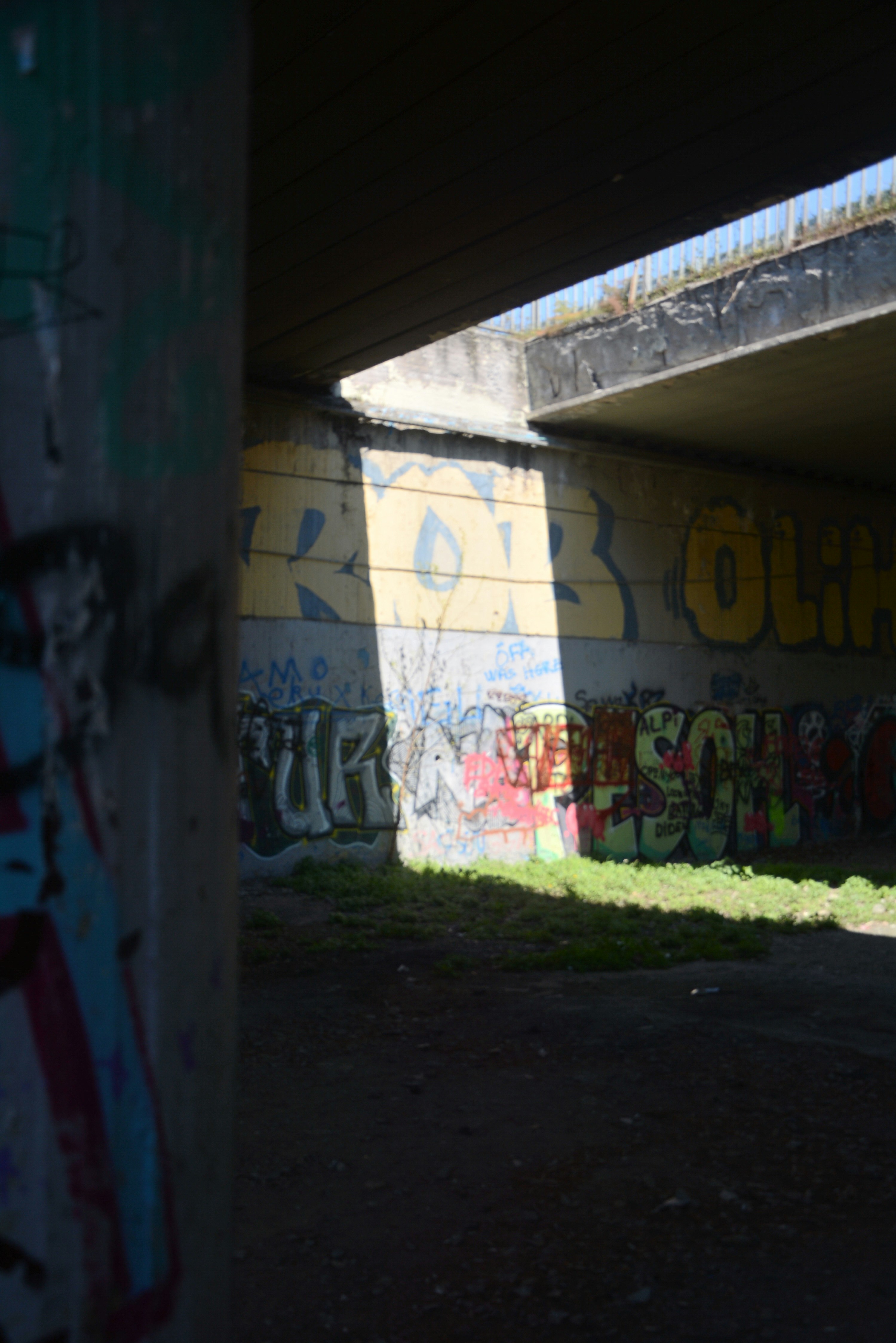 Sunlit Graffiti Underpass: Colorful Walls Meet Shadowed Ground