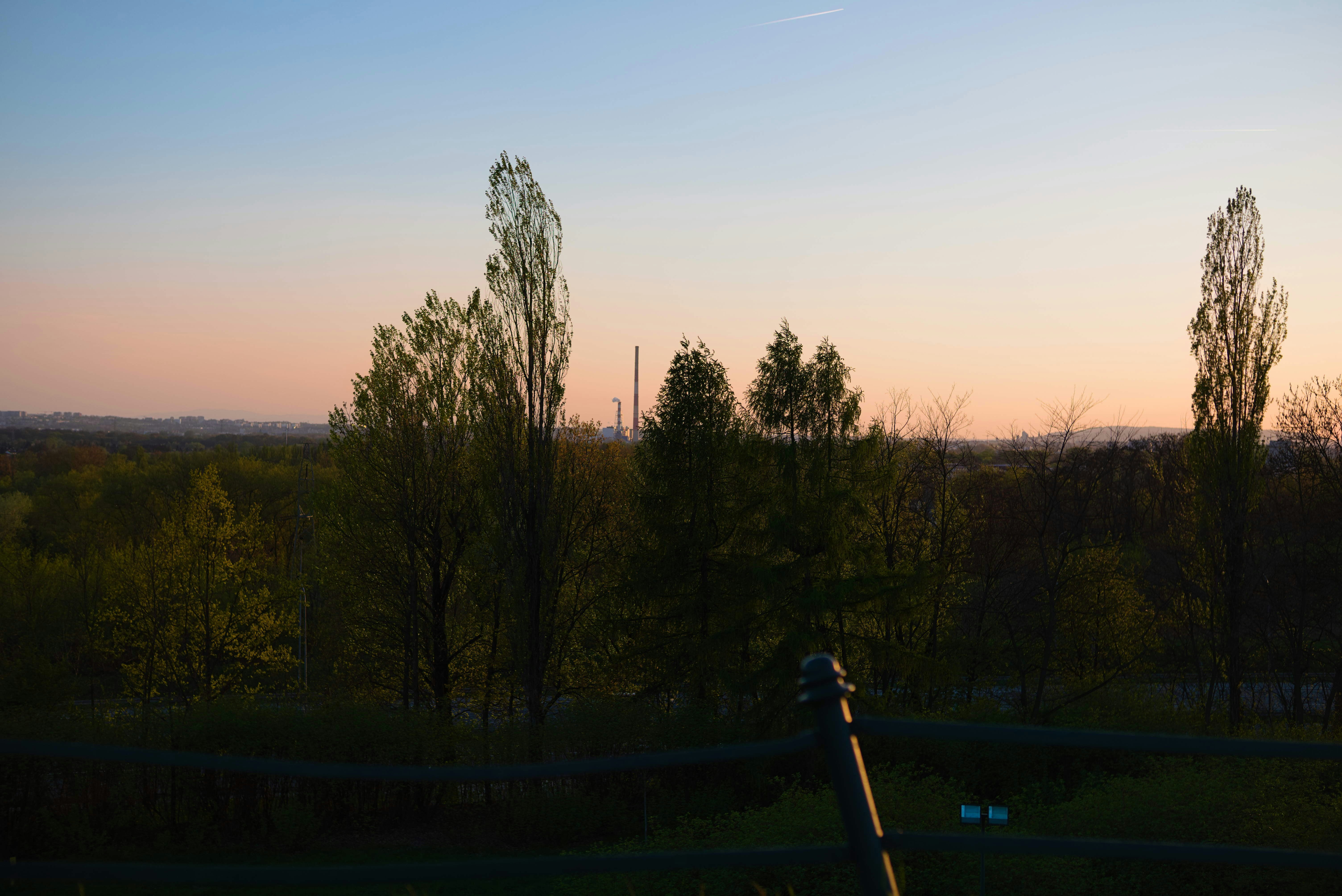 Horizon Sunset Over a Tree-lined Ridge with a Foreground Fence