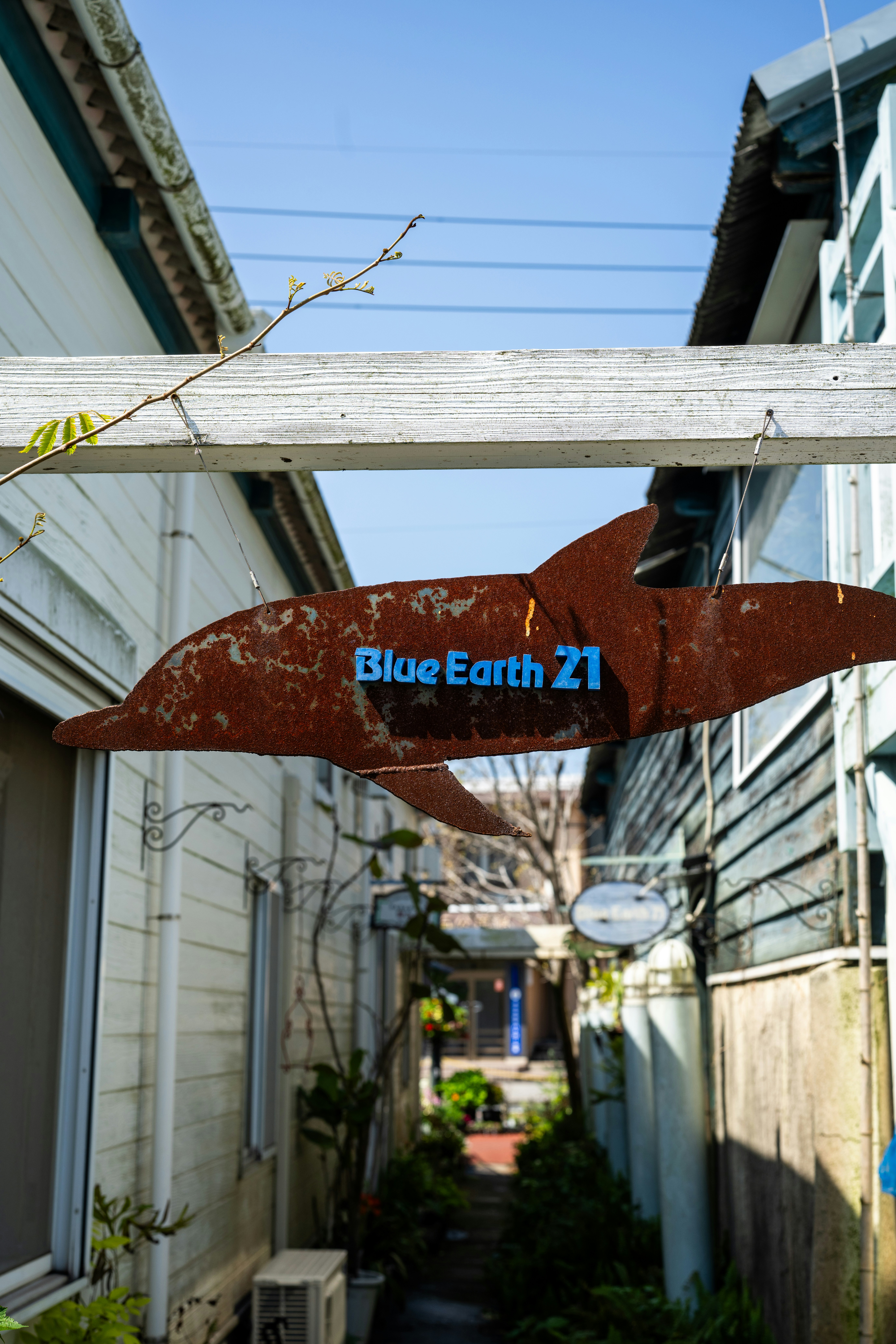 Rusty sign, bright blue branding, and a sunlit alleyway