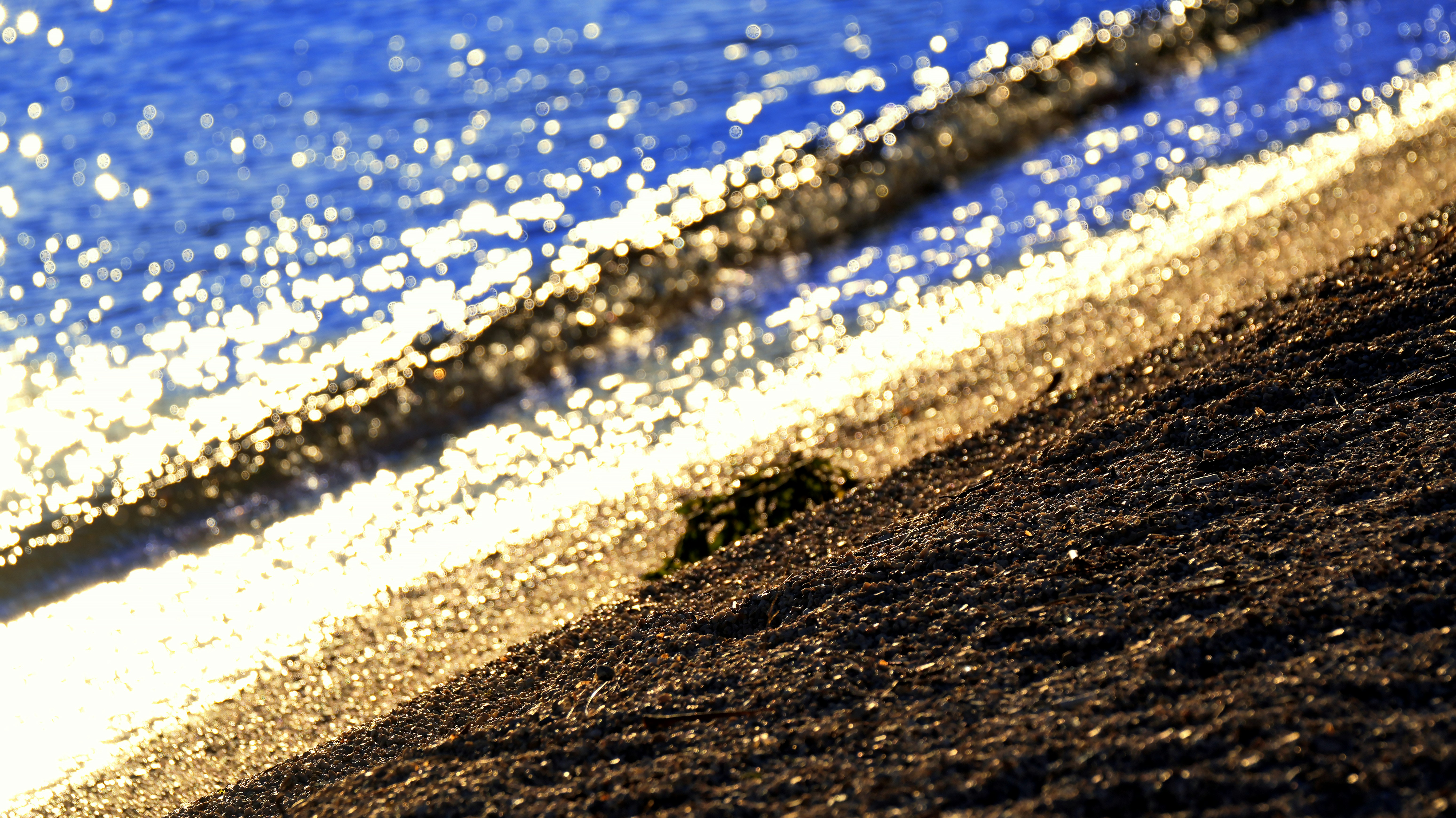 Sunlit shoreline slant: a shoreline sparkle carving through dark sand