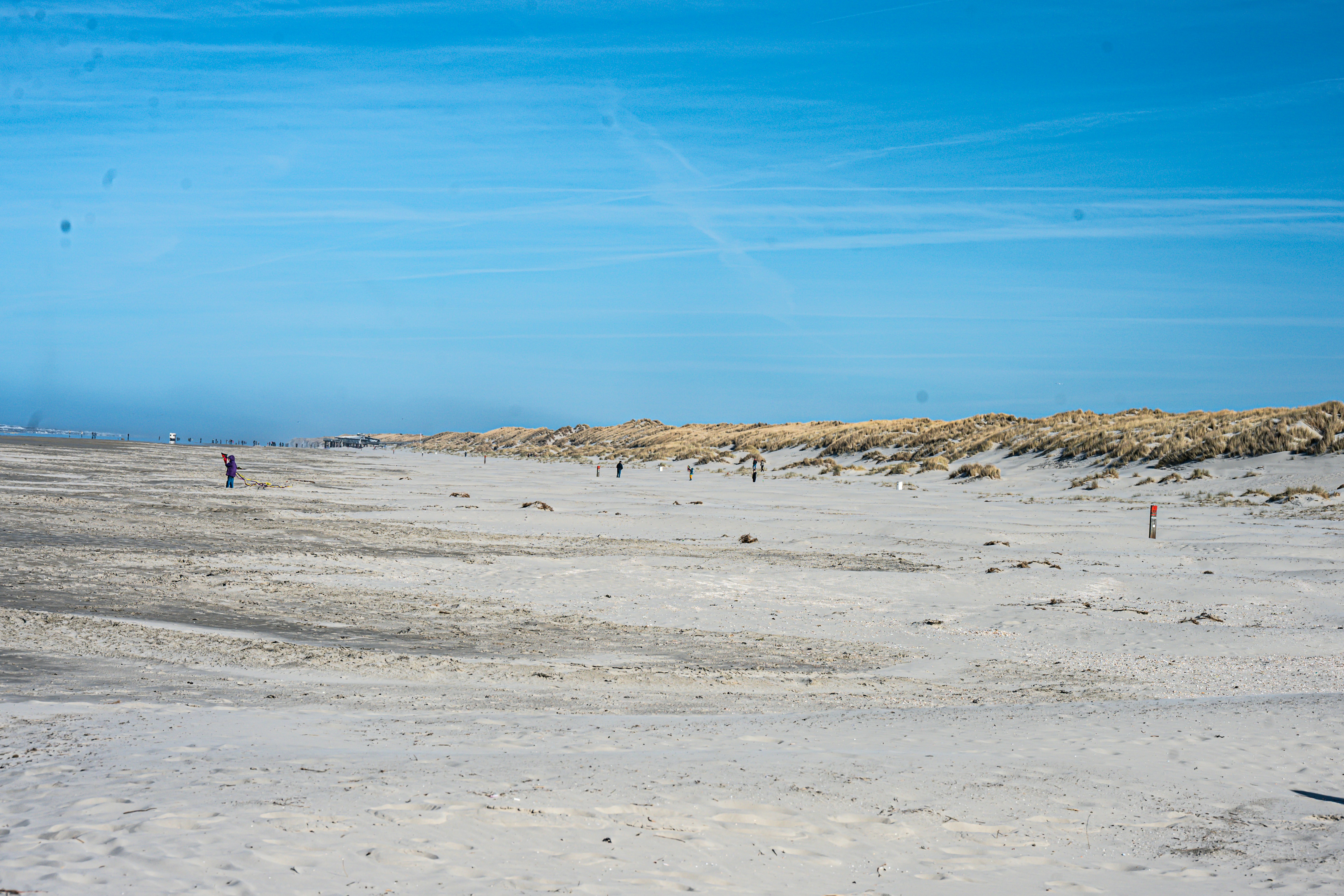 Hazy Atlantic Shoreline: Lone Figures on a Sunlit Dune