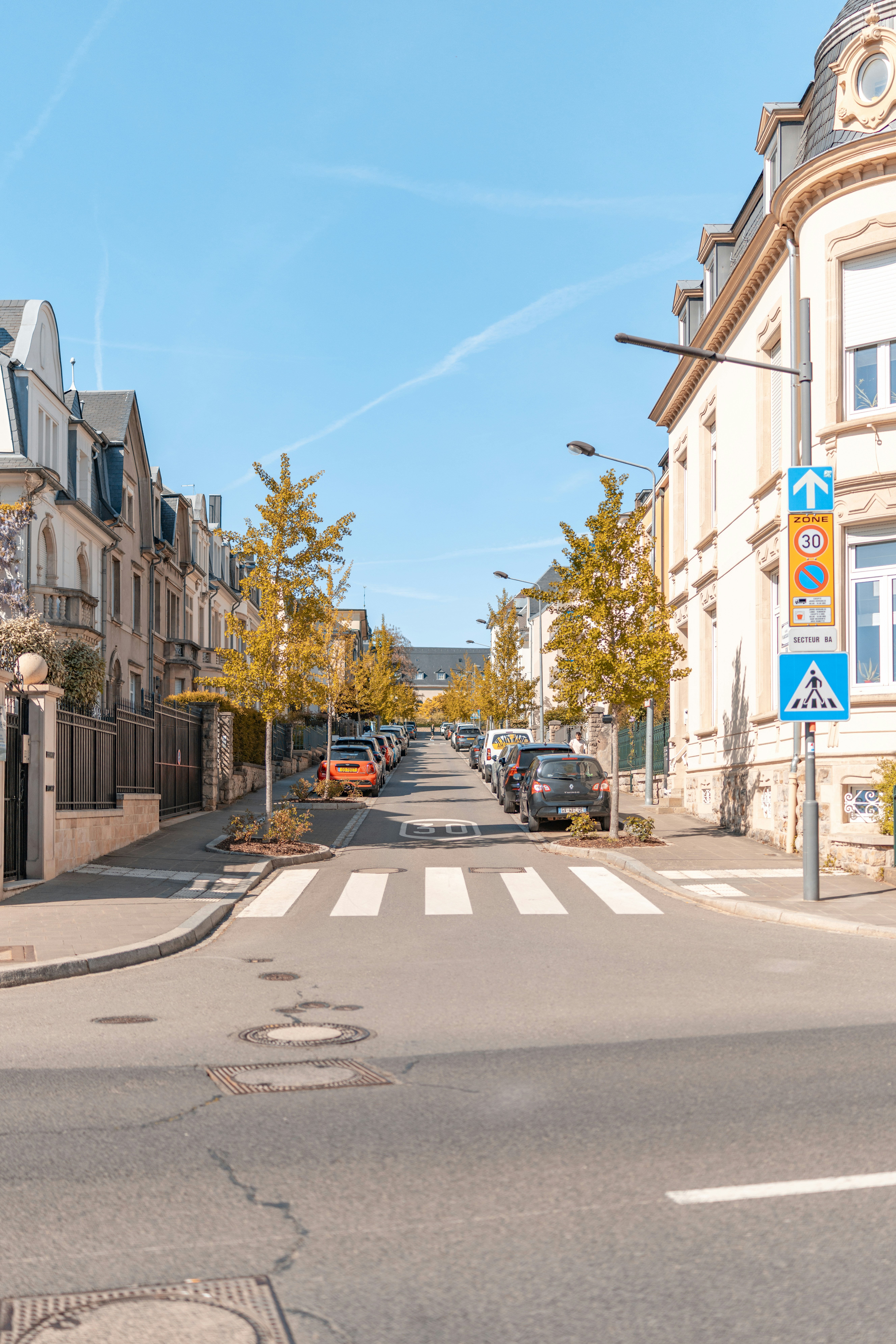 Autumn Street: Quiet Horizon Over a Sunlit European Avenue