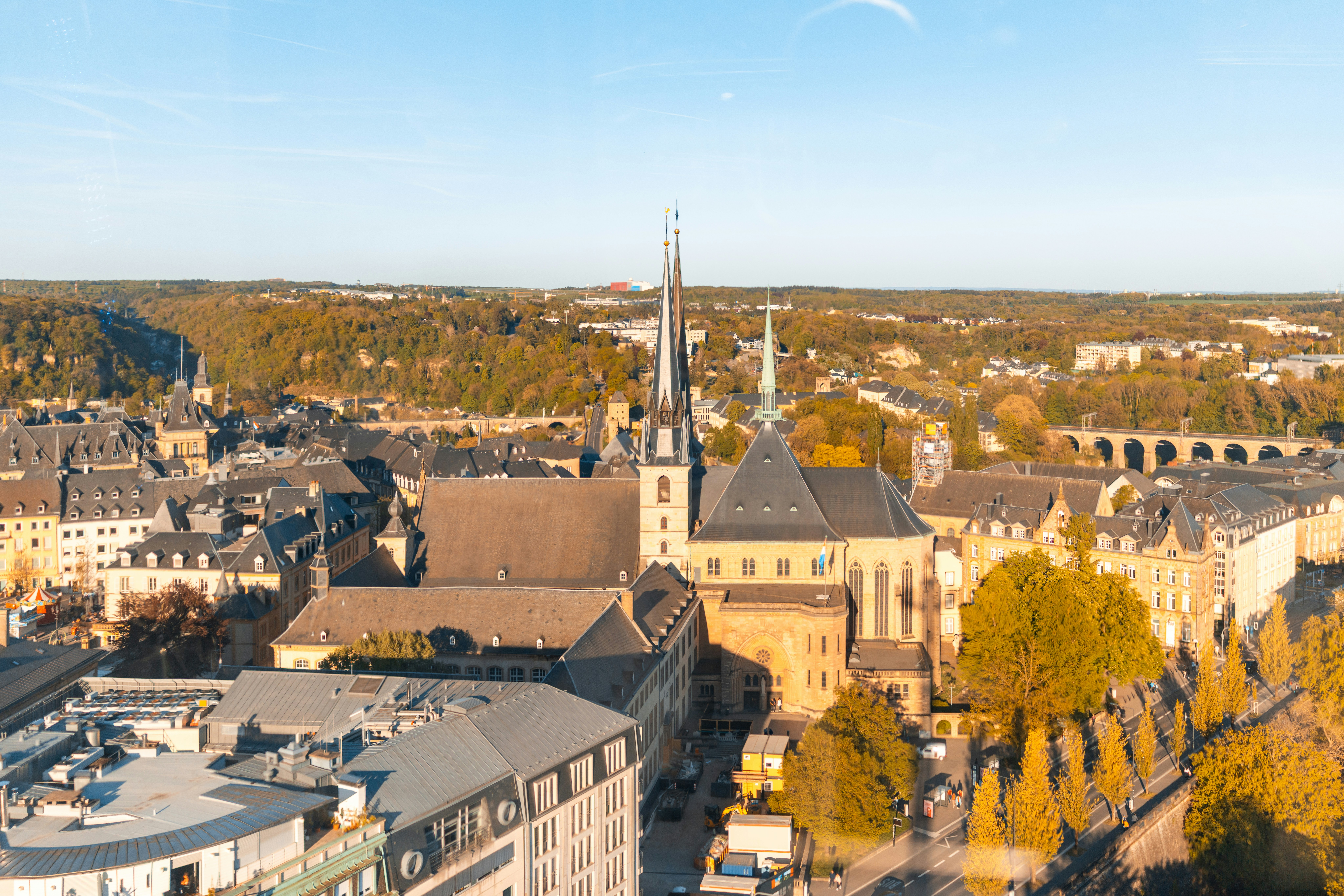 City Cathedral Spire Amid Autumn Blink of Light