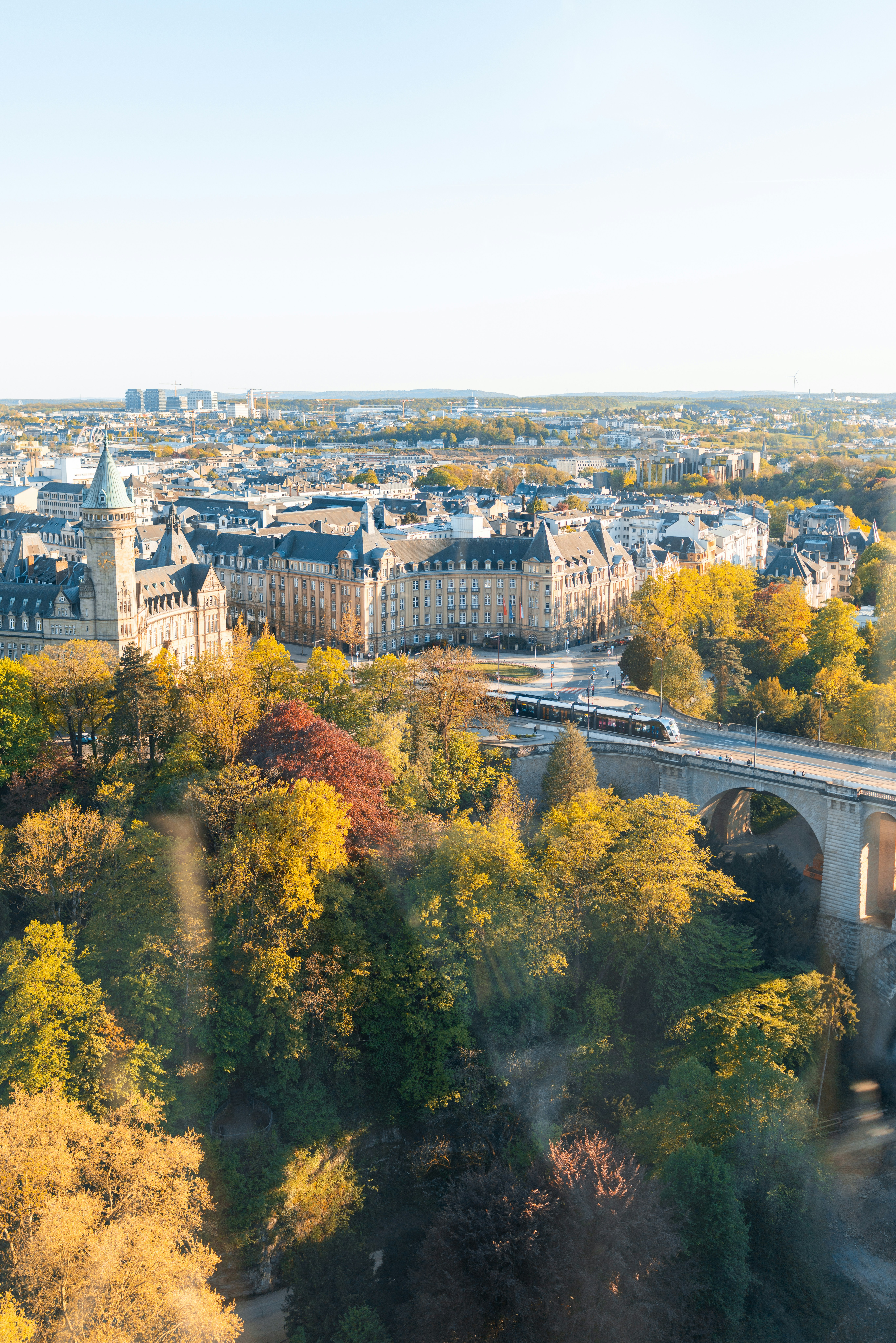 Autumn Cityscape: Aerial View over Historic Rooftops and Golden Foliage
