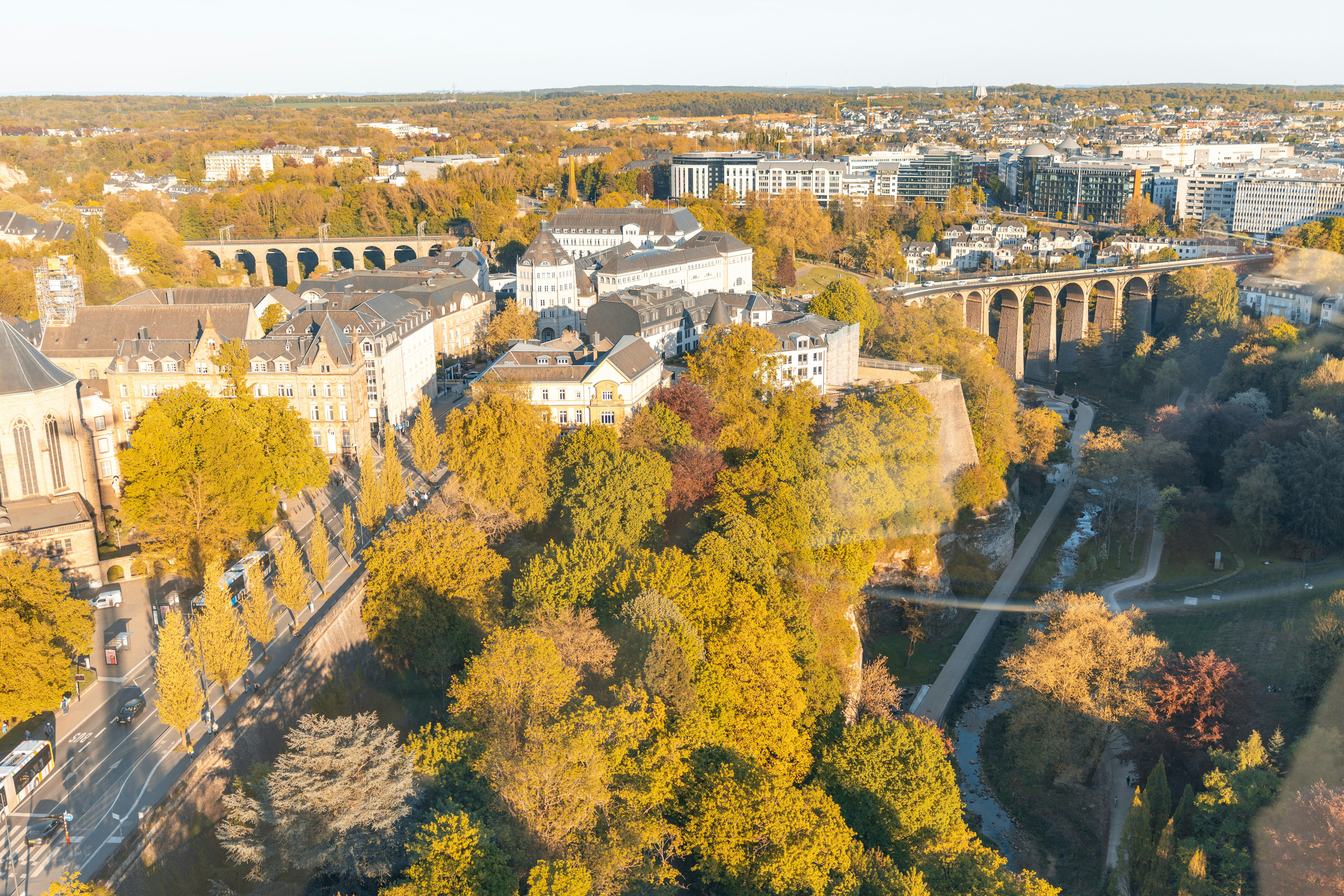 Autumn Aerial: Riverside Campus Wrapped in Warm Golds