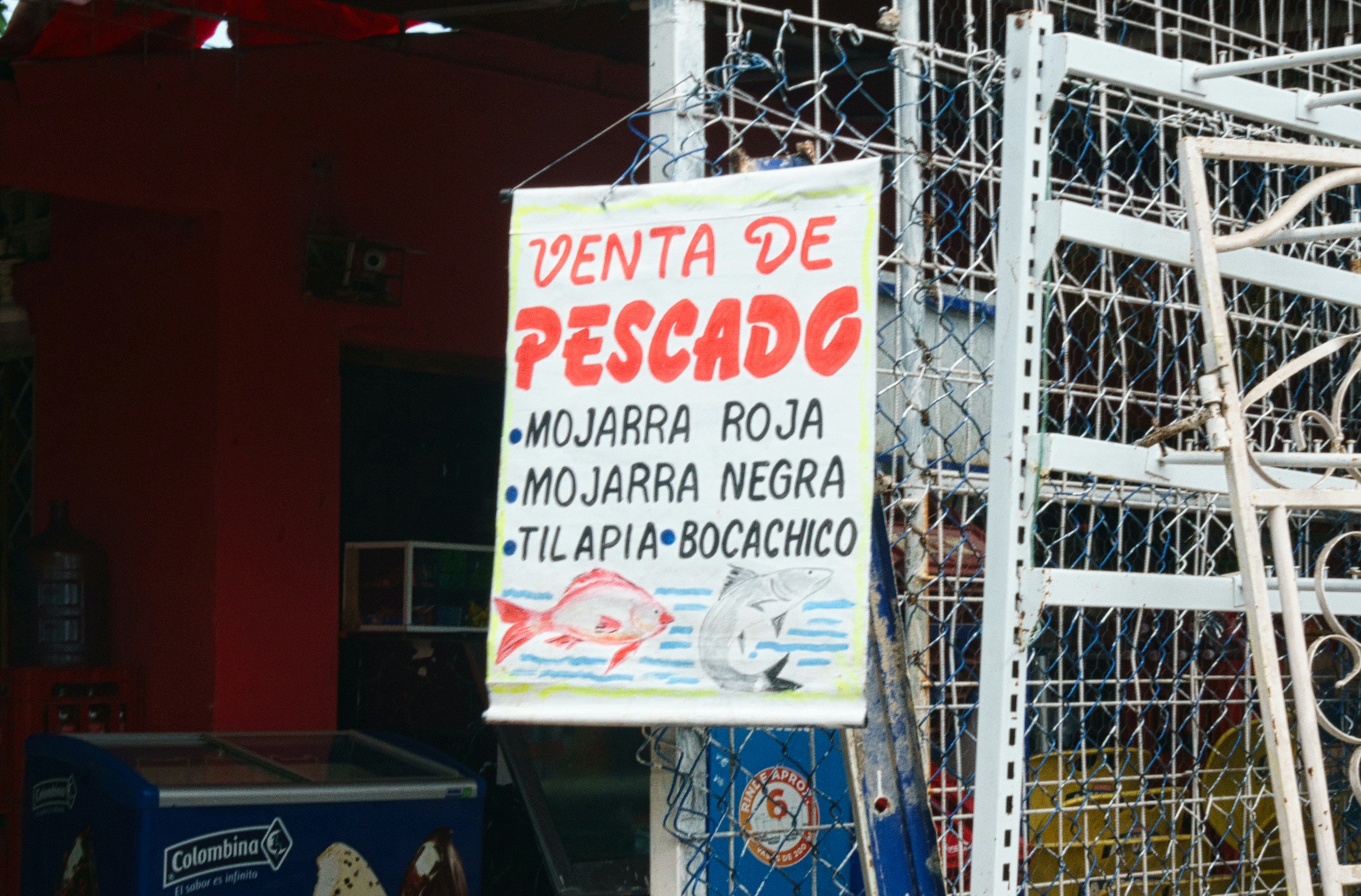 Signboard for Fresh Fish Across a Market Gate