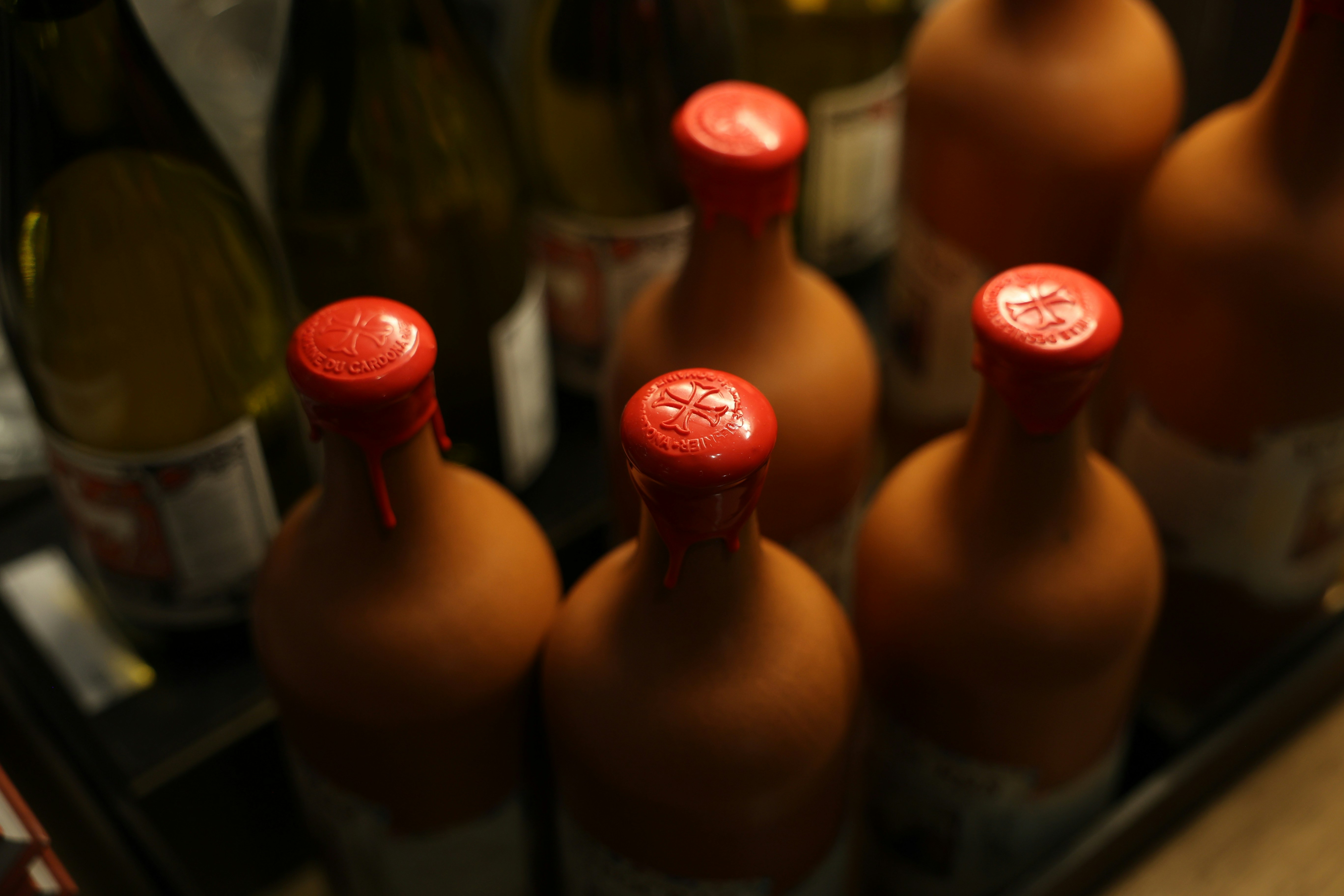 Red-Top Bottles in a Dim Cooler