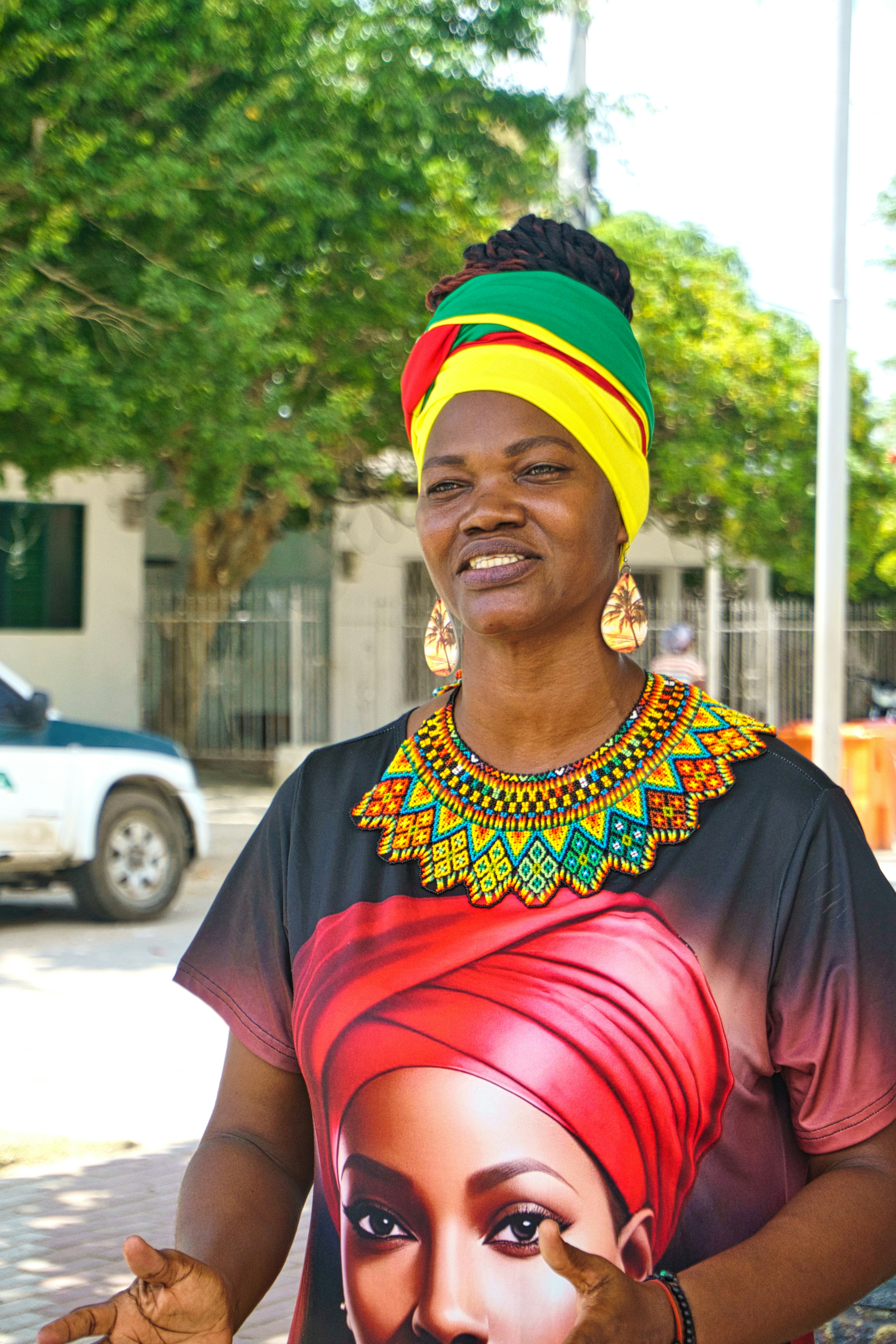Regal Confidence: A Colorful Portrait in Vibrant Adornment