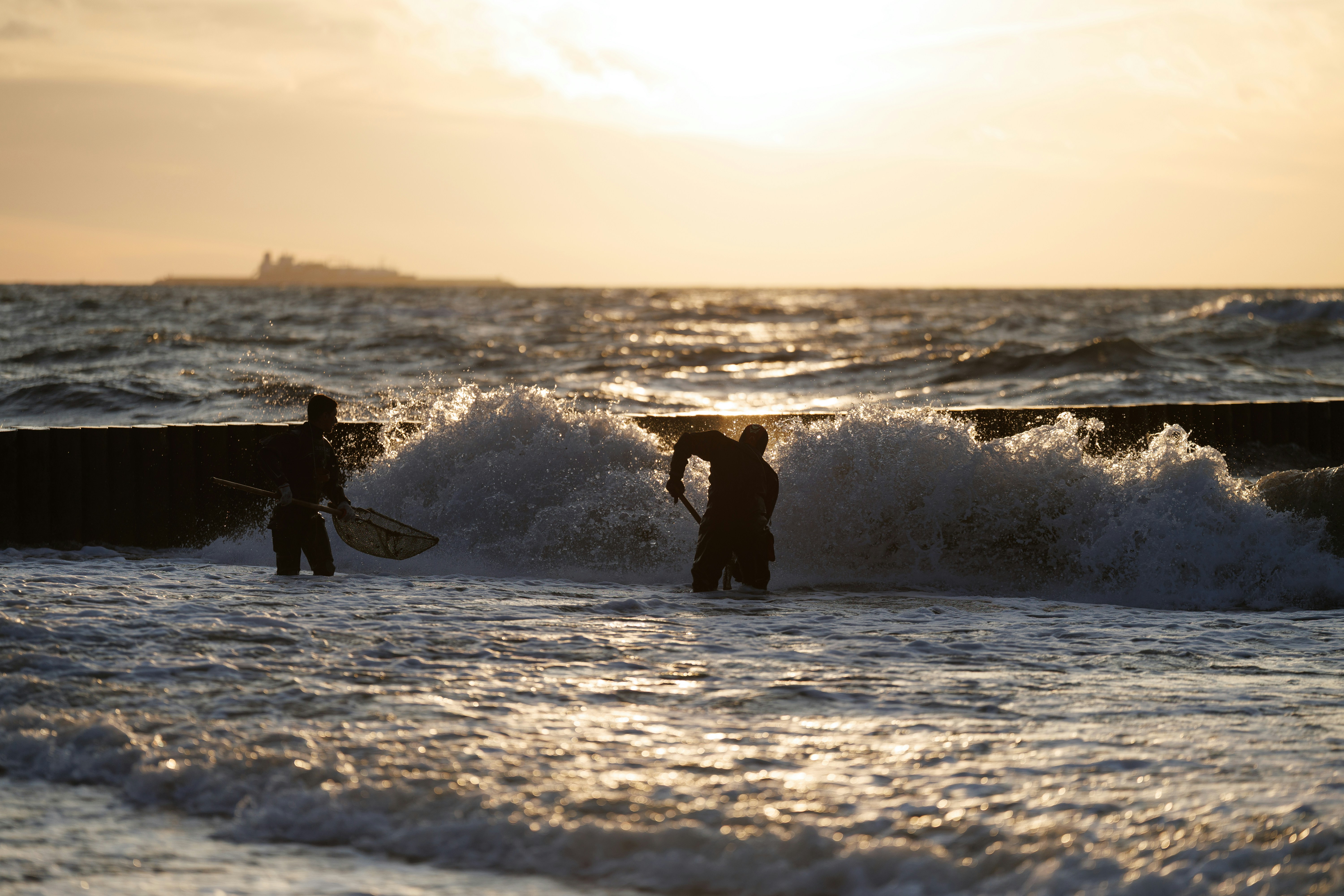Sunlit Surf: Two Surfers Confront a Cresting Wave at Dusk