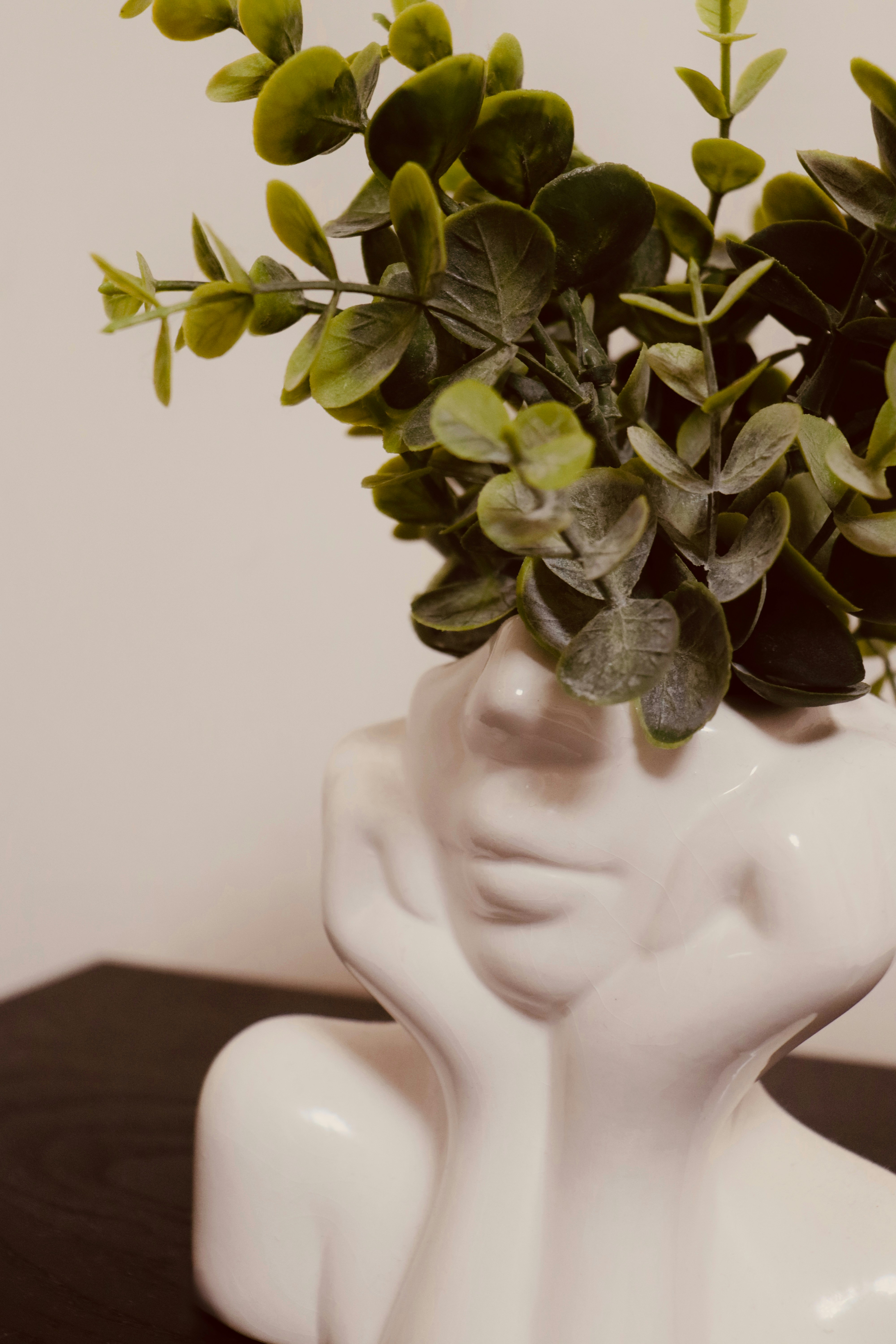 Pensive Greenery: A Ceramic Vase Portrait with Foliage Crown