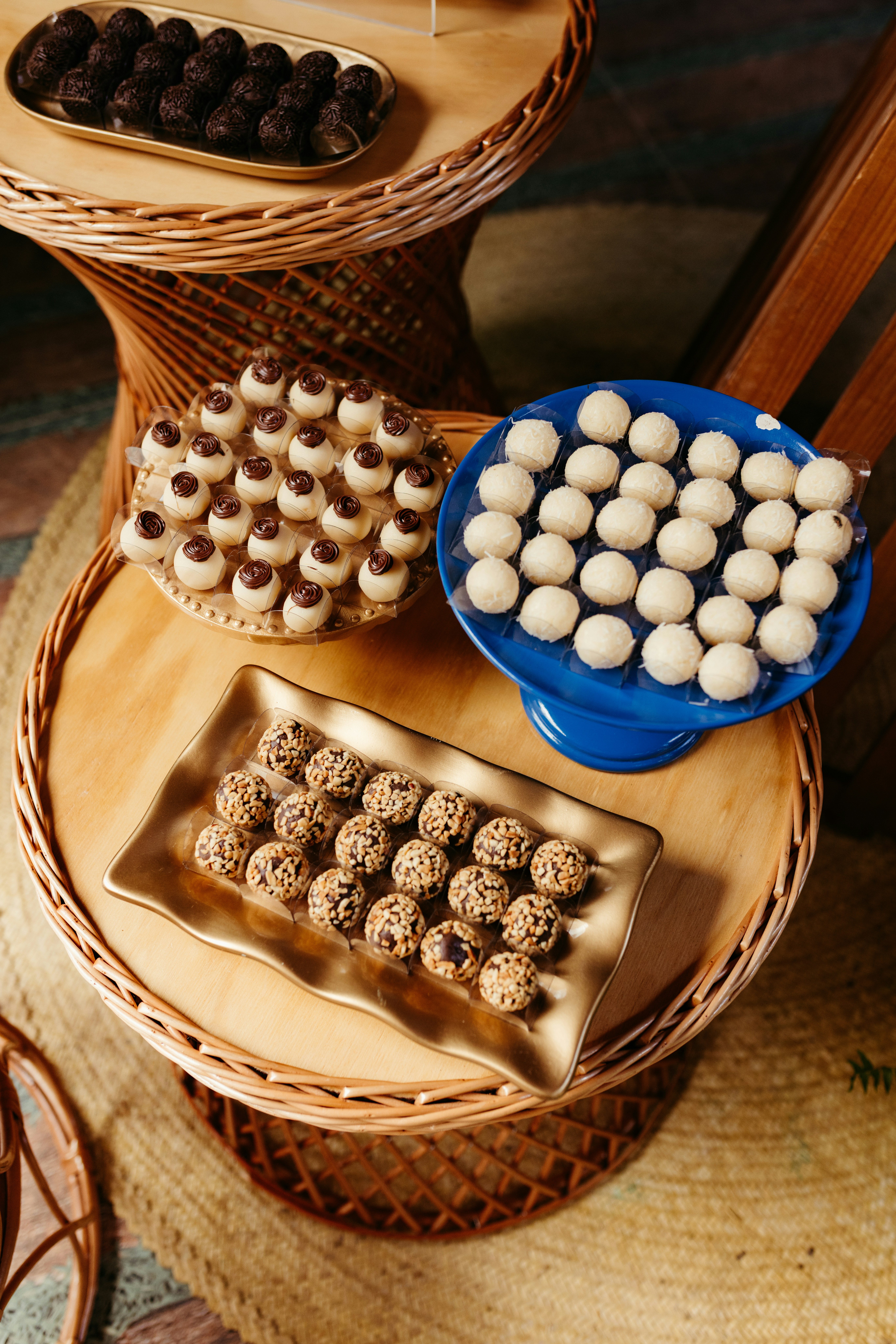 Tray of Round Confections Nestled on Woven Tables