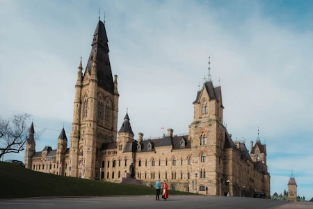 Castle Grandeur: A Riverside Facade Under Clear Skies