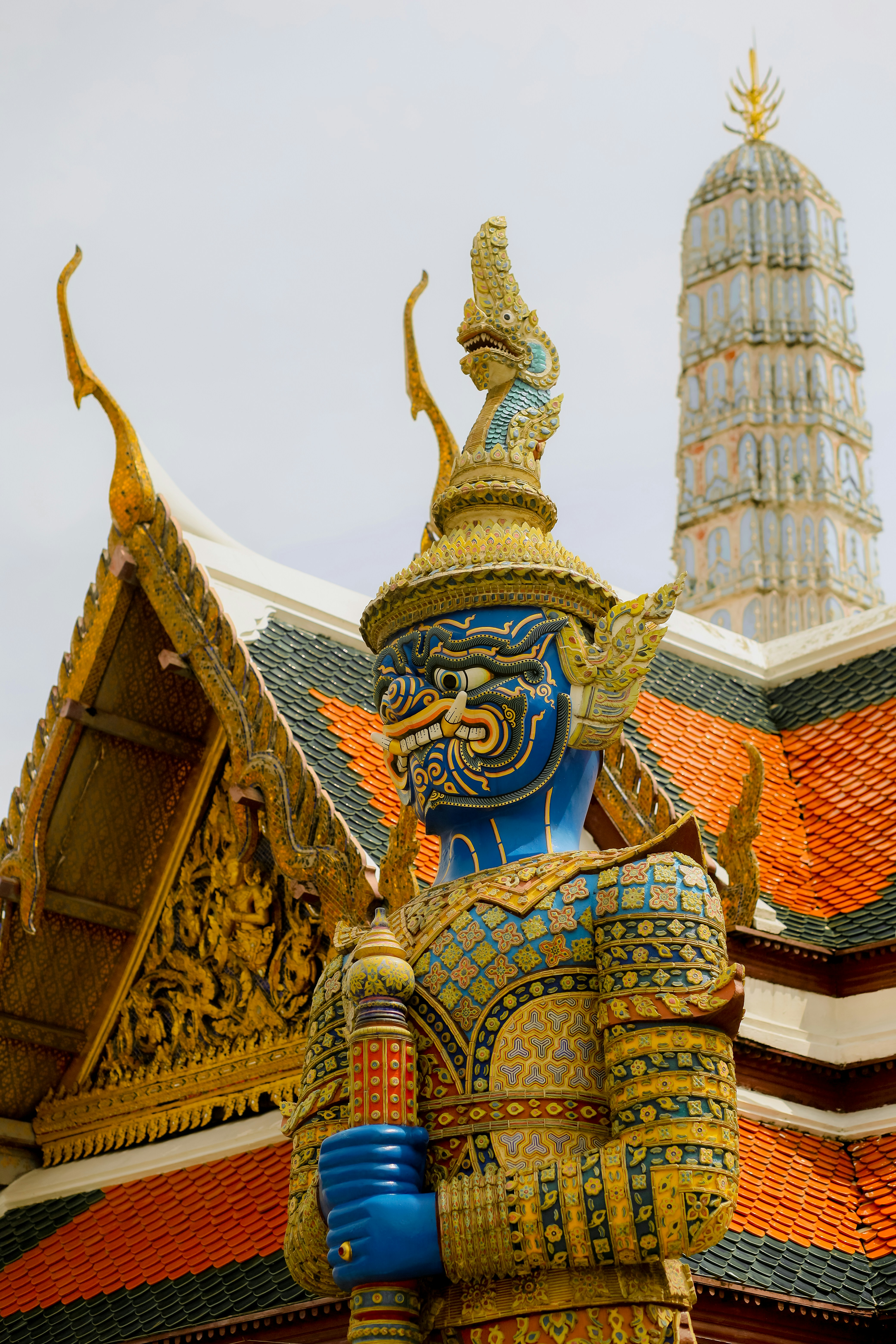 Guardians of Color: The Blue-Gold Warrior Amid Royal Rooflines