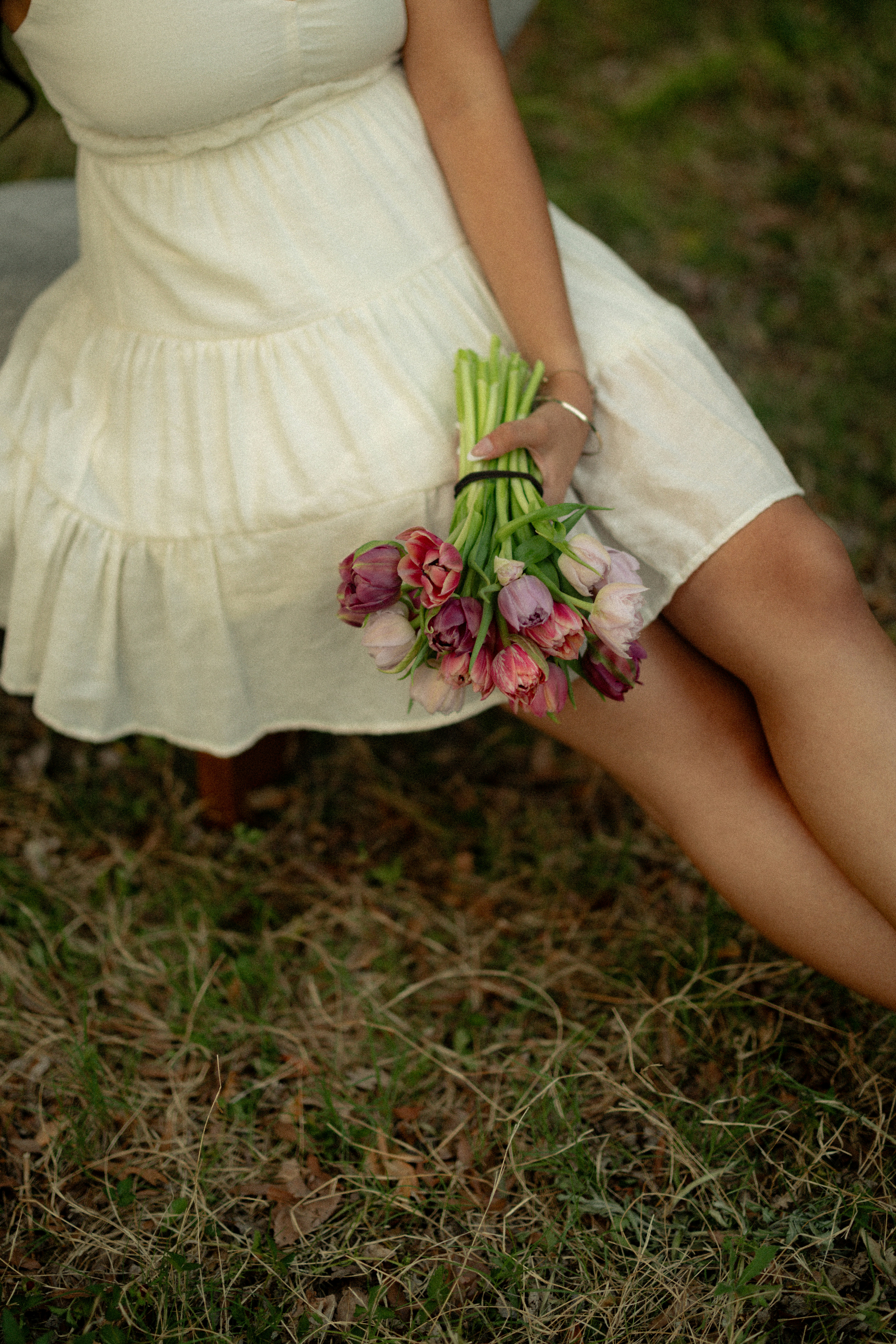Bouquet on Summer Grass: A Quiet Moment in White Linen
