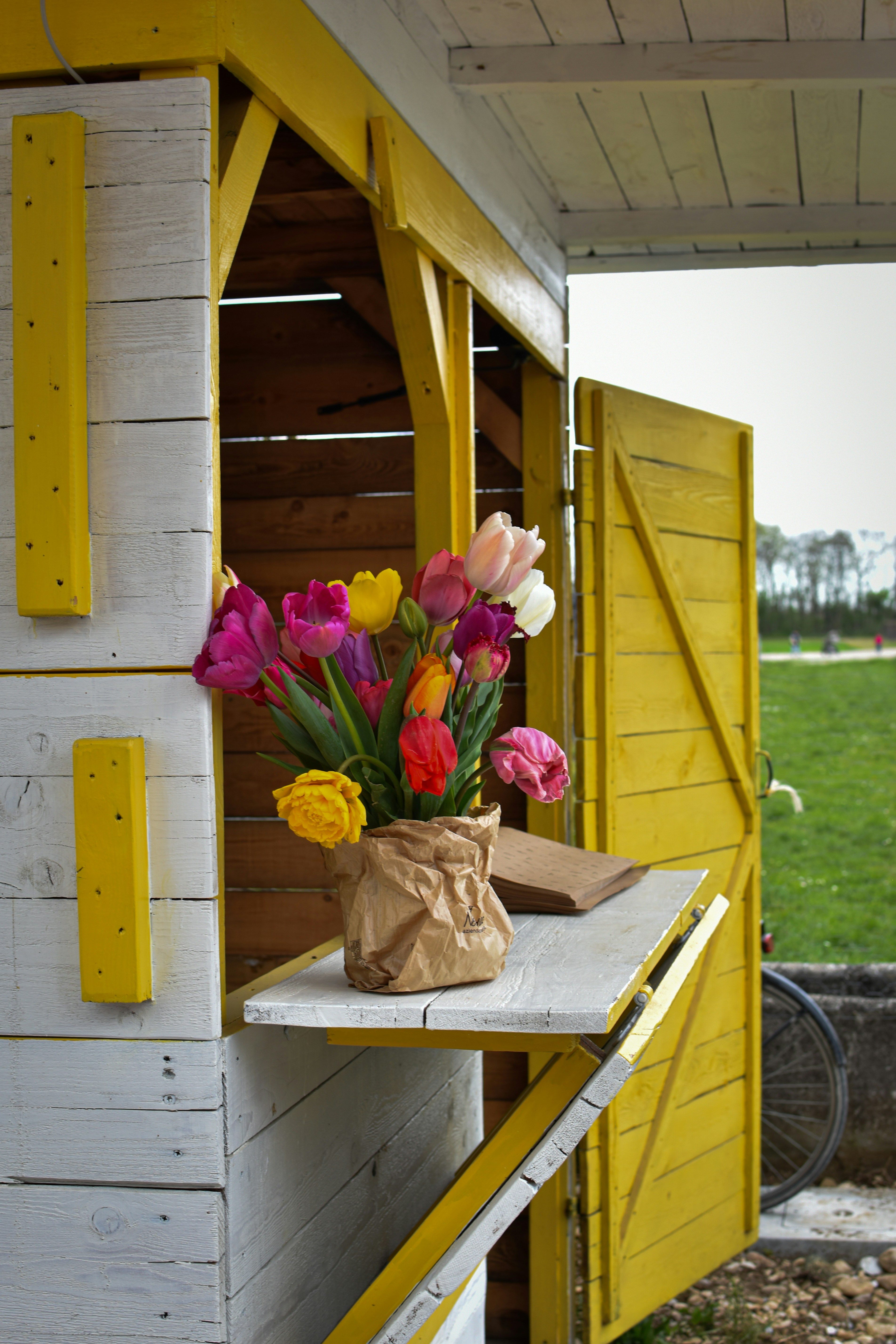 Yellow Wooden Kiosk with Vase of Tulips on a Leading Edge Counter