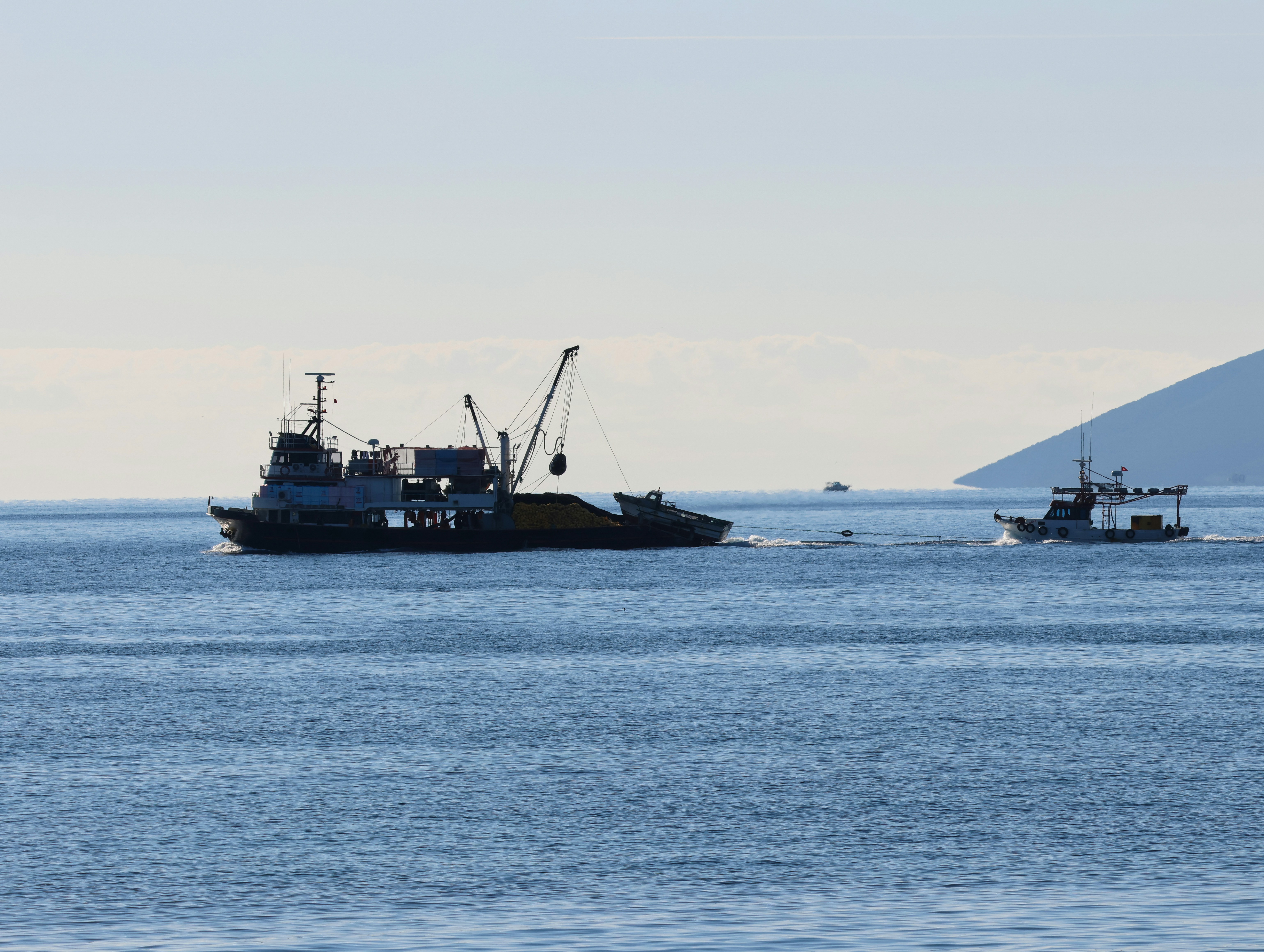 Tow Boat in a Quiet Sea: A Fleet of Working Vessels Crossing the Horizon