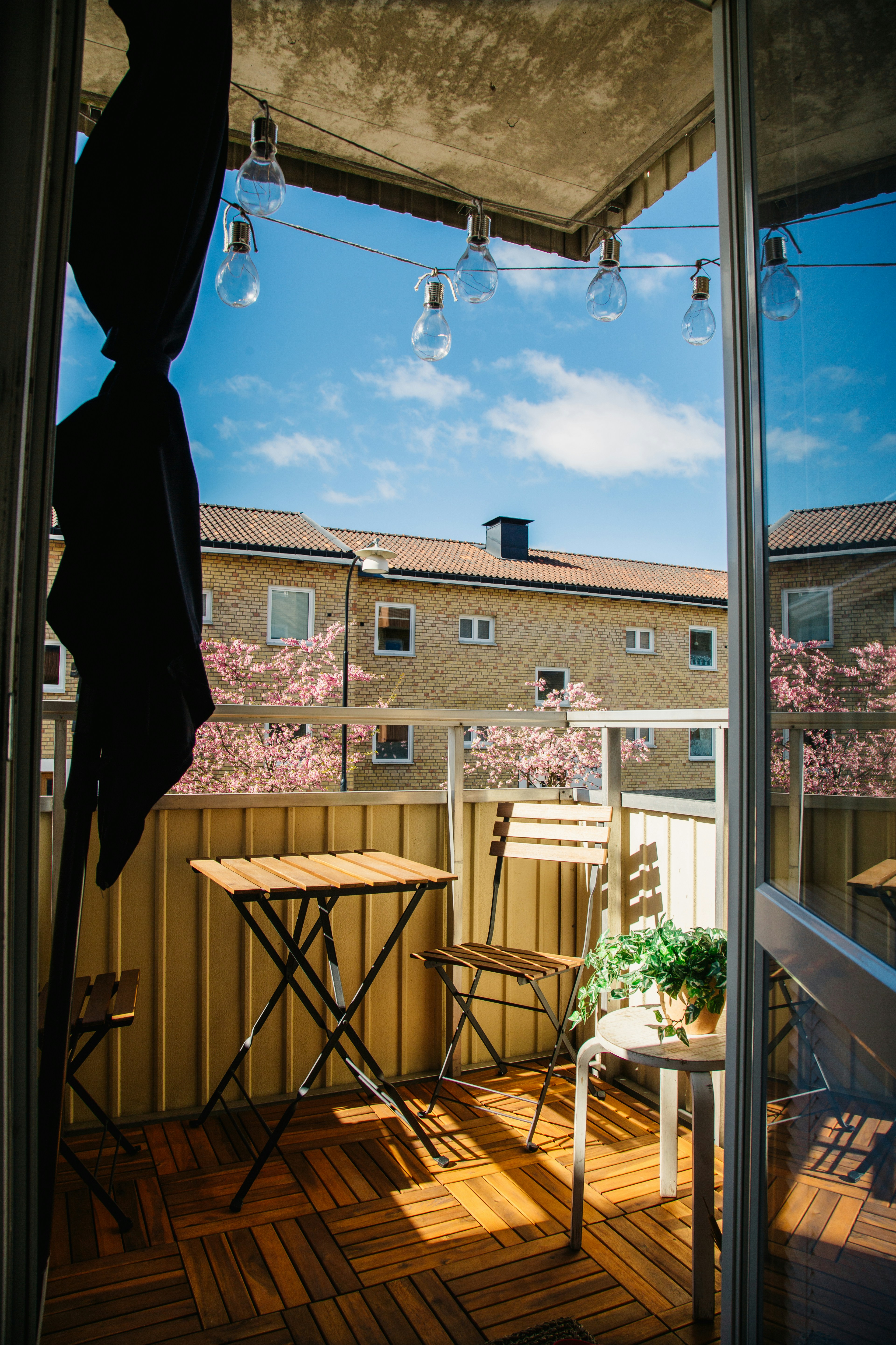 Sunlit Balcony Oasis: Pink Blossoms, Corded Lights and Wooden Terrace