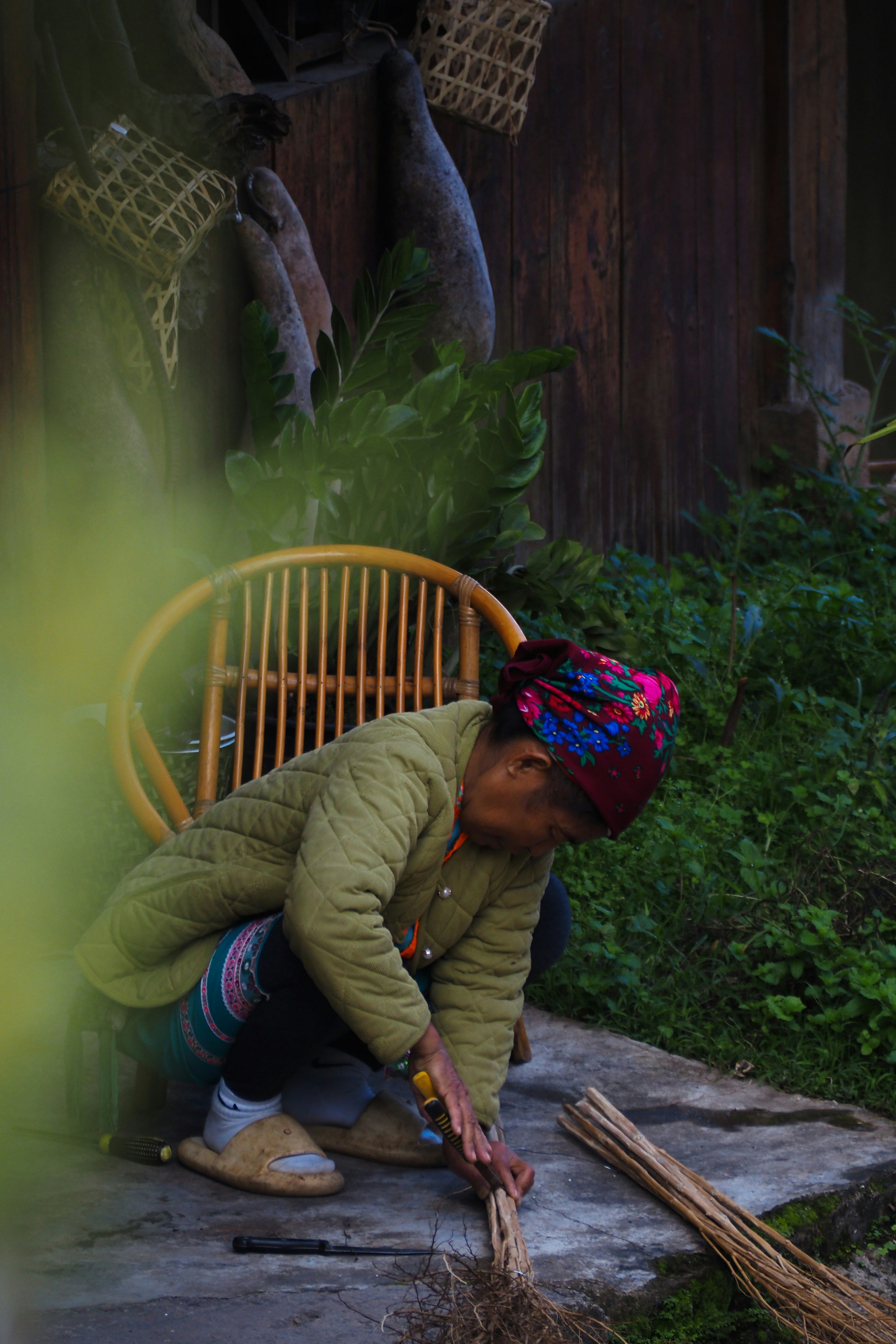 Weaving Shadows: Homemaker in Quiet Garden