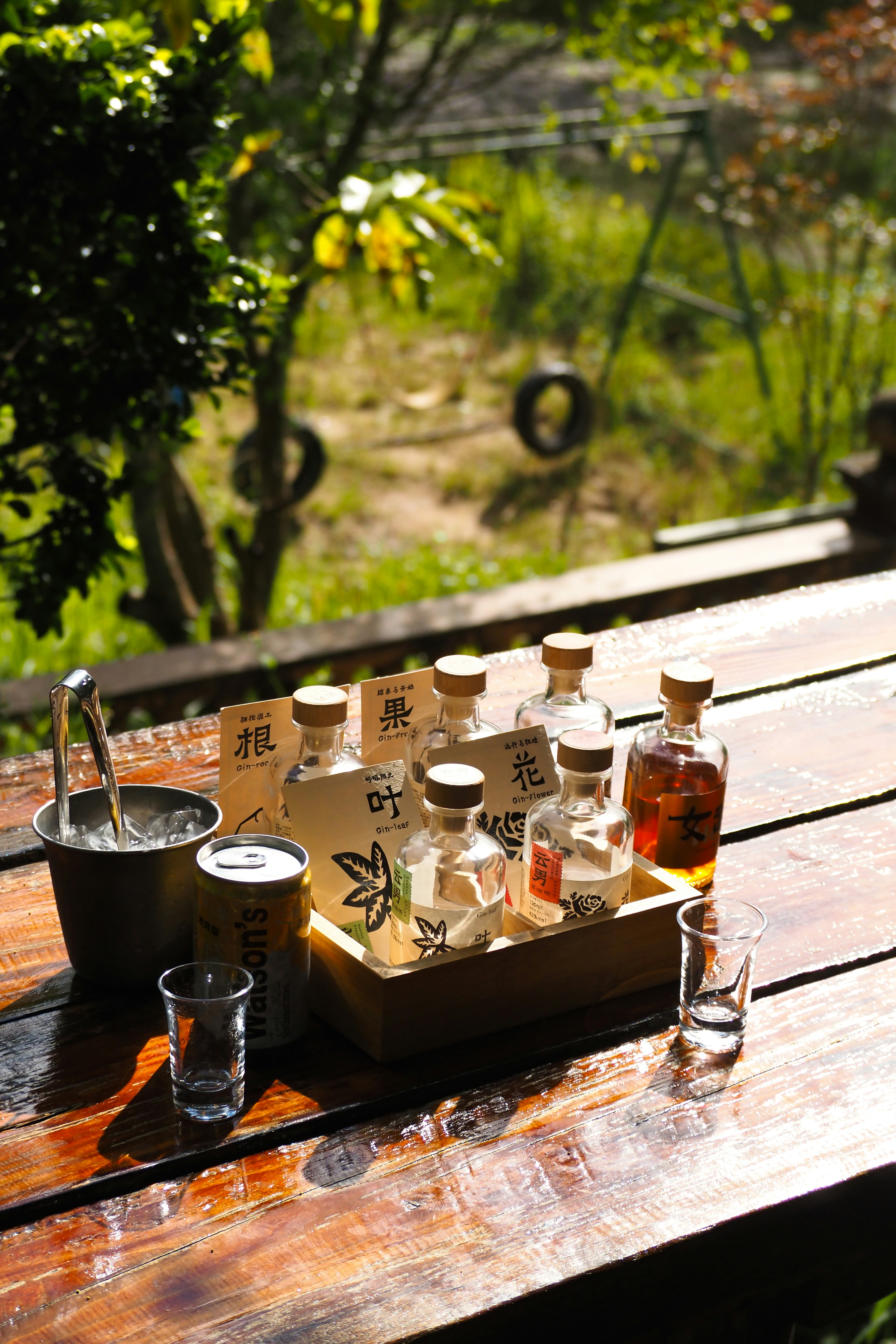 Sunlit Tray of Bottled Spirits on a Weathered Wooden Table