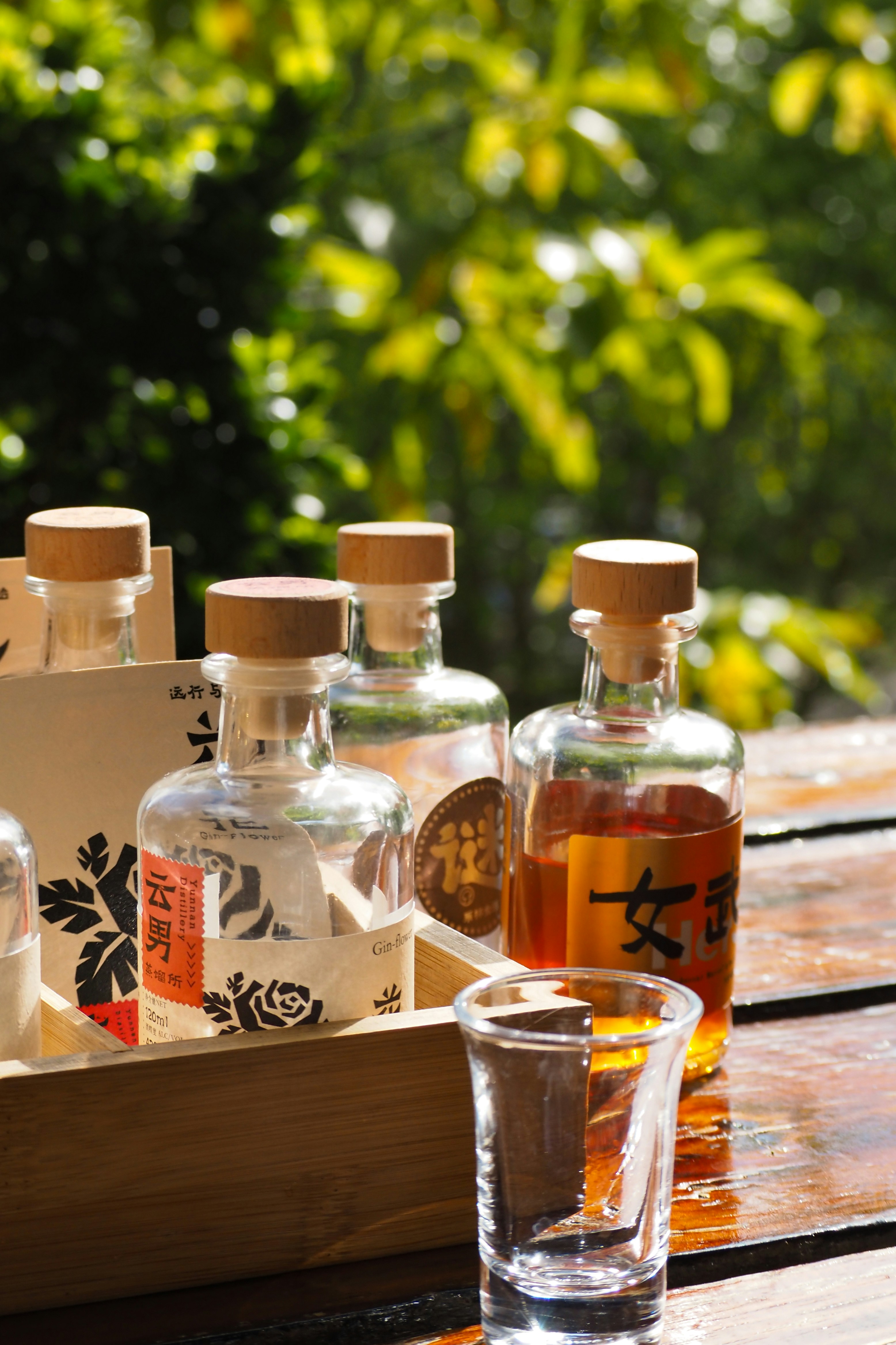 Glass Bottles and Wooden Tray on Sunlit Table
