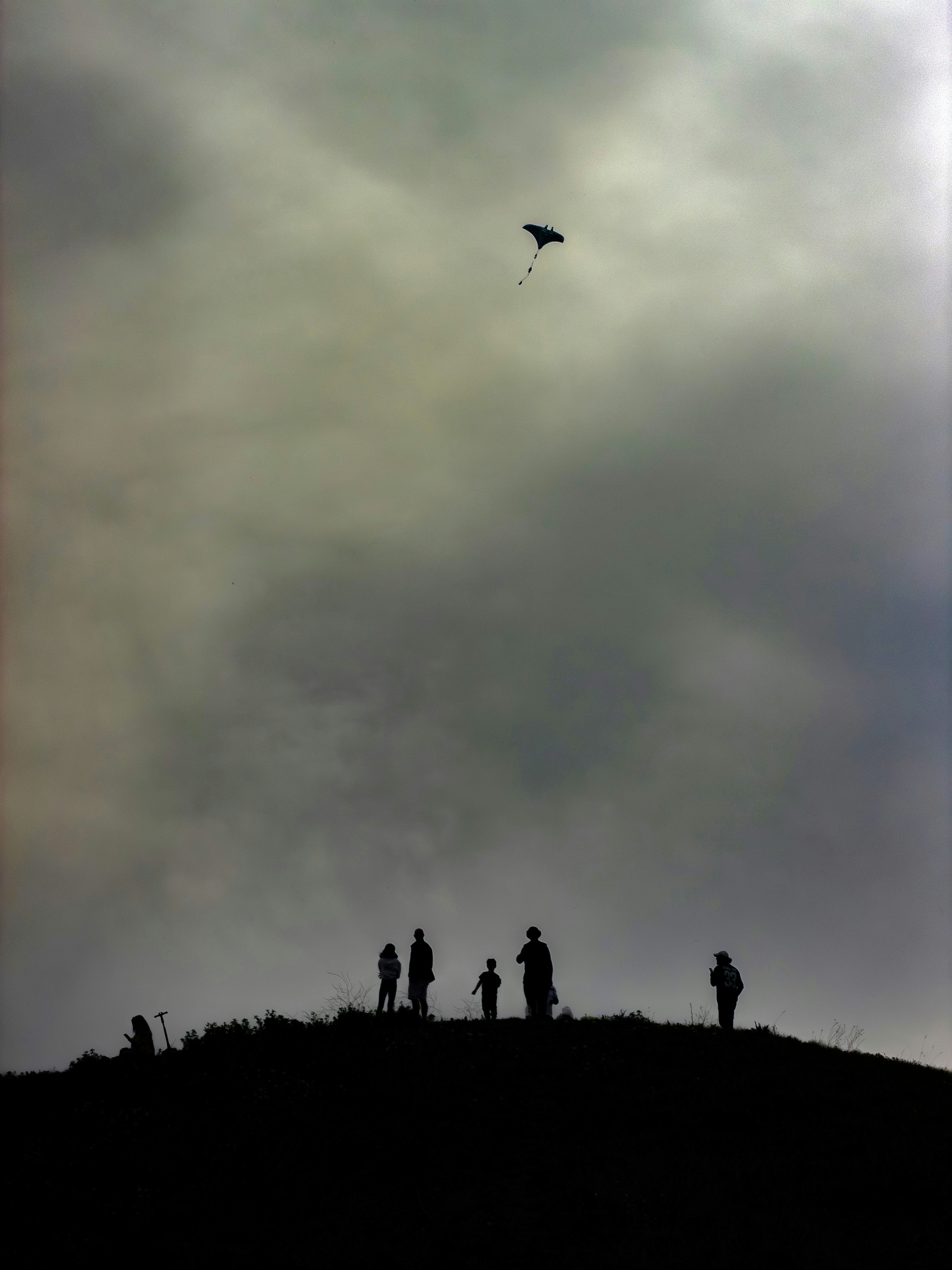 Silhouette Summit: A Small Family Gazes at a Floating Kite Above the Hill