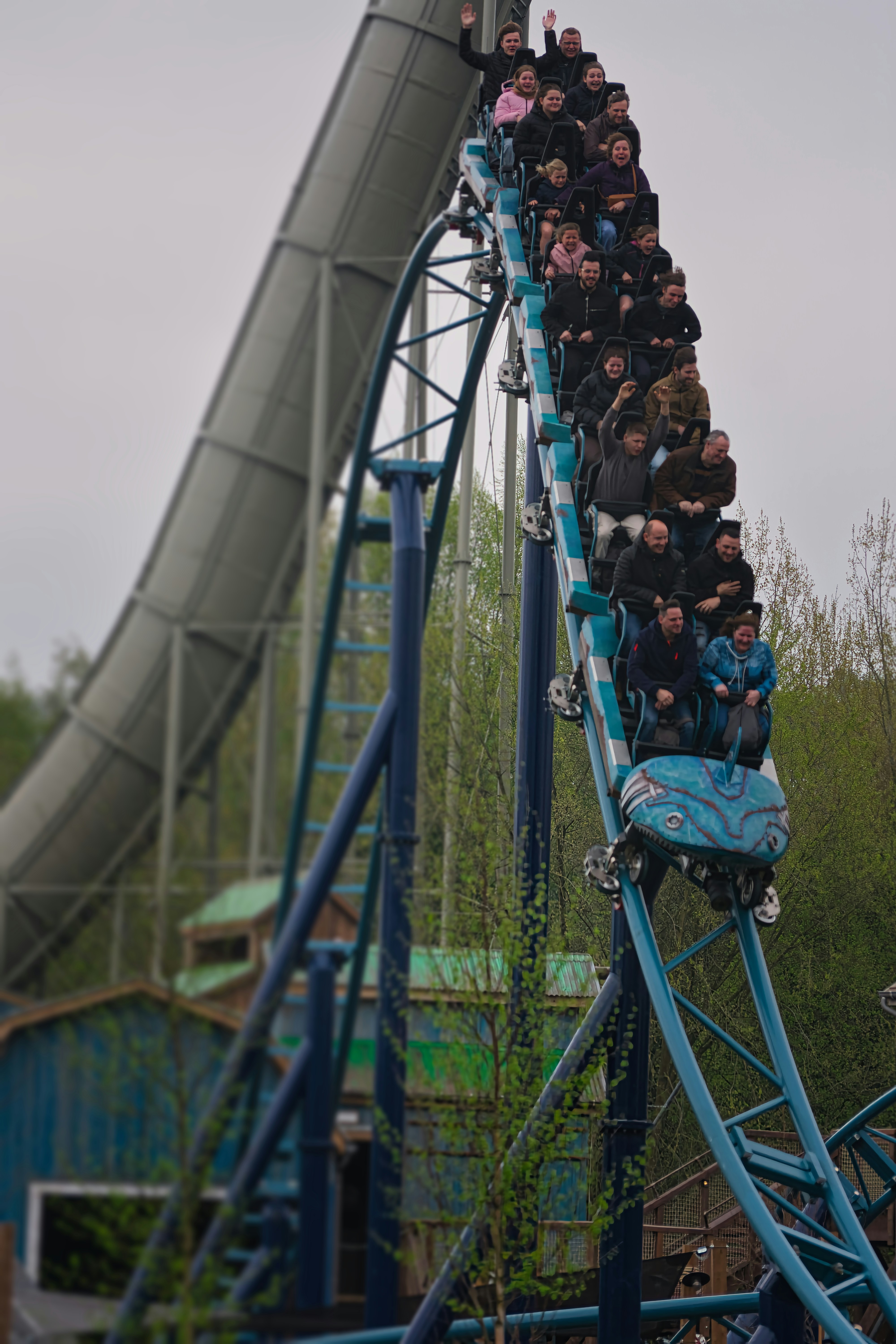 Coaster Car Team at the Peak: A Thrilling Train of Faces on a Blue Steel Crest