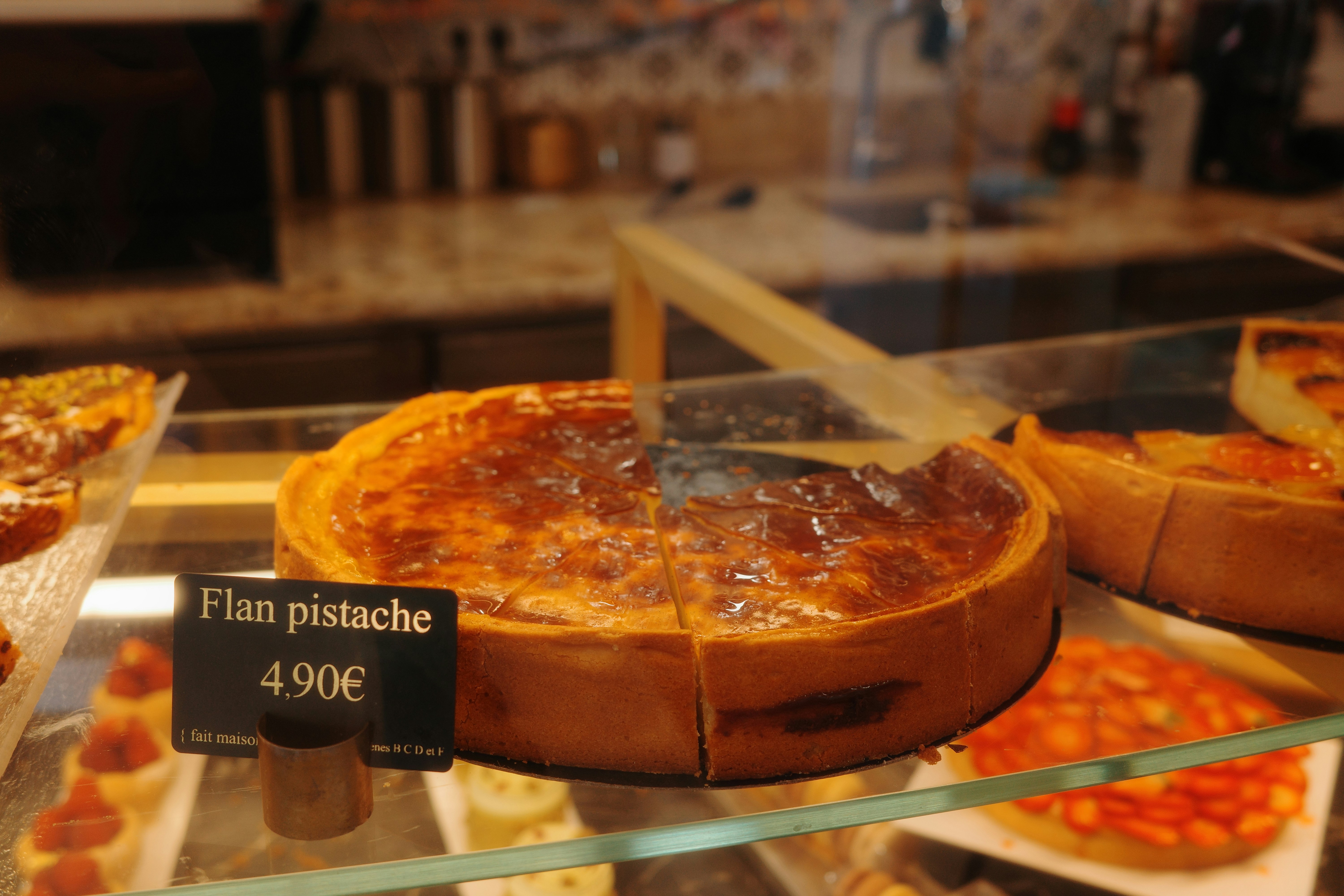 Golden Glaze Custard Pie in a Café Window