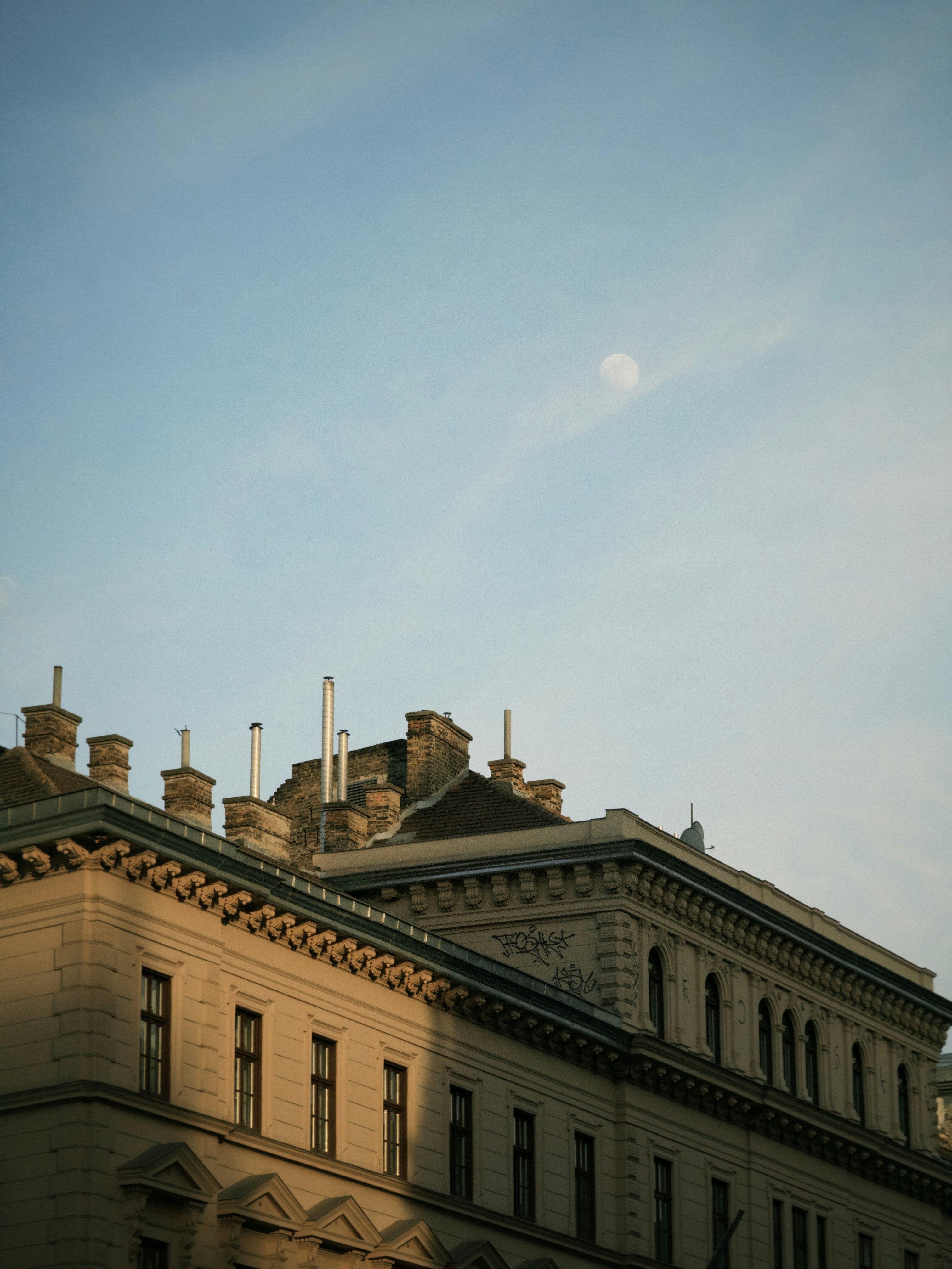 Sunlit mansard rooftops under a pale morning sky